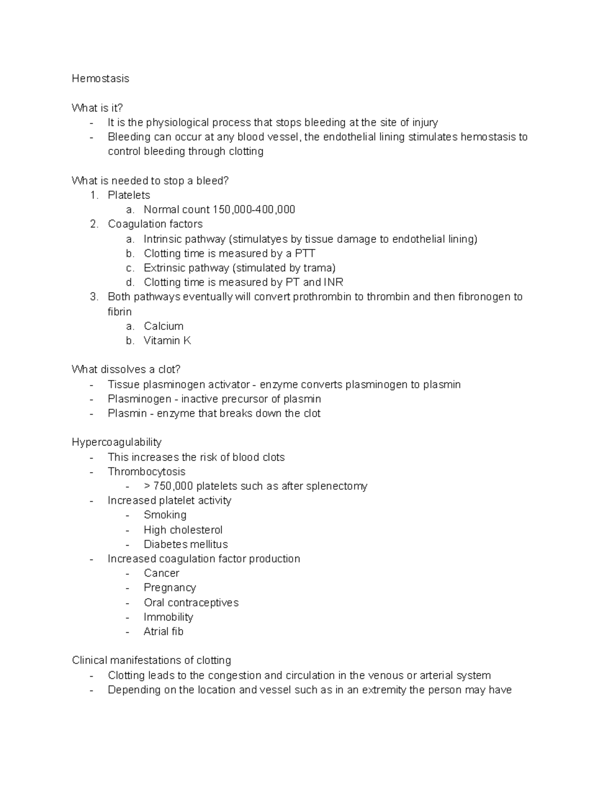 exam 1 - Hemostasis - Hemostasis What is it? - It is the physiological ...