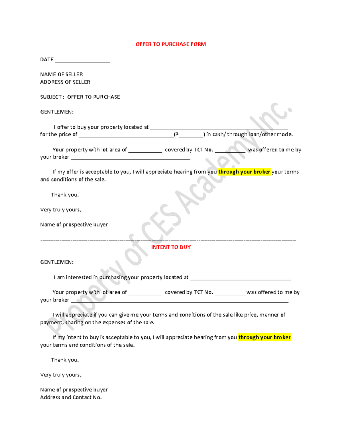 Offer TO Purchase FORM - OFFER TO PURCHASE FORM DATE ...