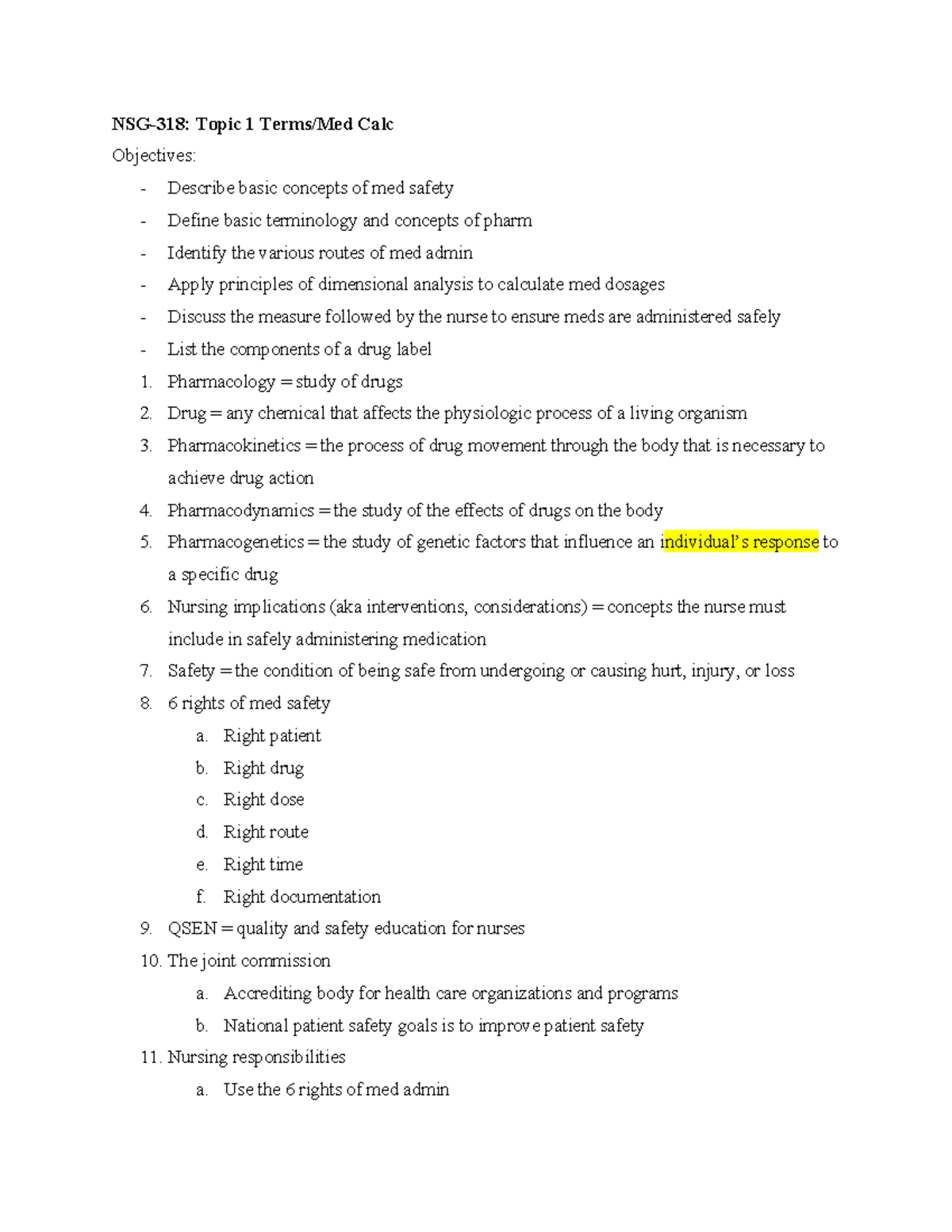 Nsg 318 Exam 1 Notes Note For Topic 1 And 2 Nsg 318 Topic 1 Terms Med Calc Objectives