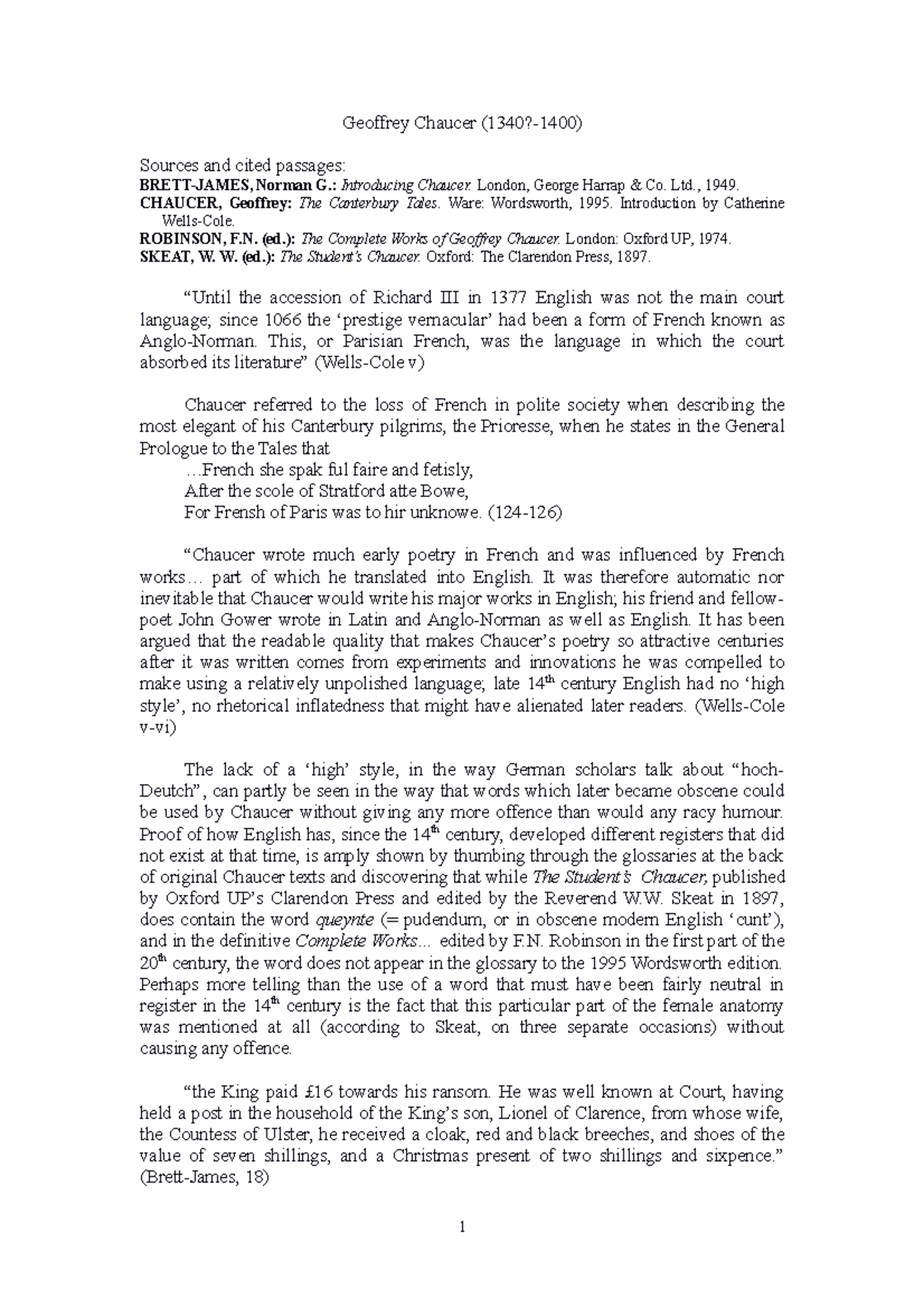 Hand-out to Lecture 5 - Geoffrey Chaucer - Geoffrey Chaucer (1340?-1400 ...