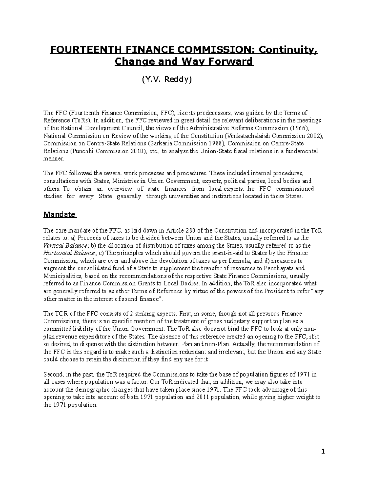 14th Finanace Commission - FOURTEENTH FINANCE COMMISSION: Continuity ...