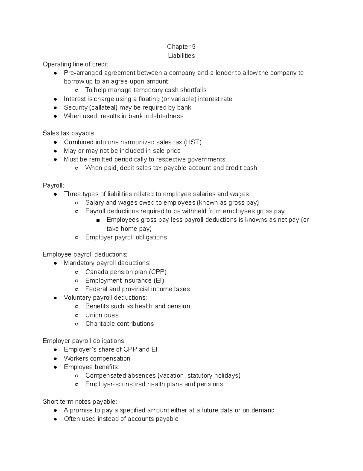 ACC 100 chapter 9 notes - Chapter 9 Liabilities Operating line of ...
