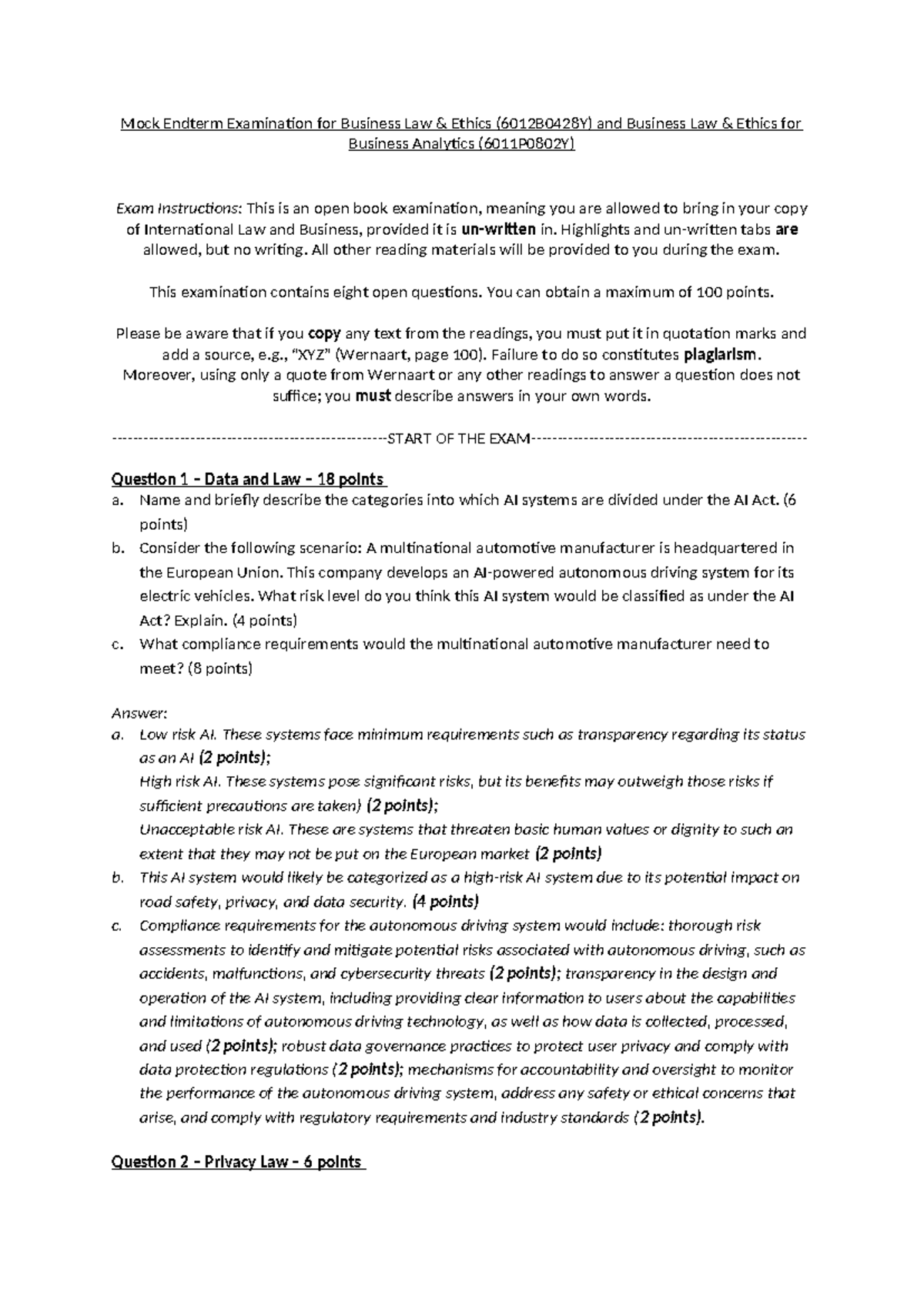 Mock Endterm Q And A Mock Exam 2024 Mock Endterm Examination For Business Law And Ethics 
