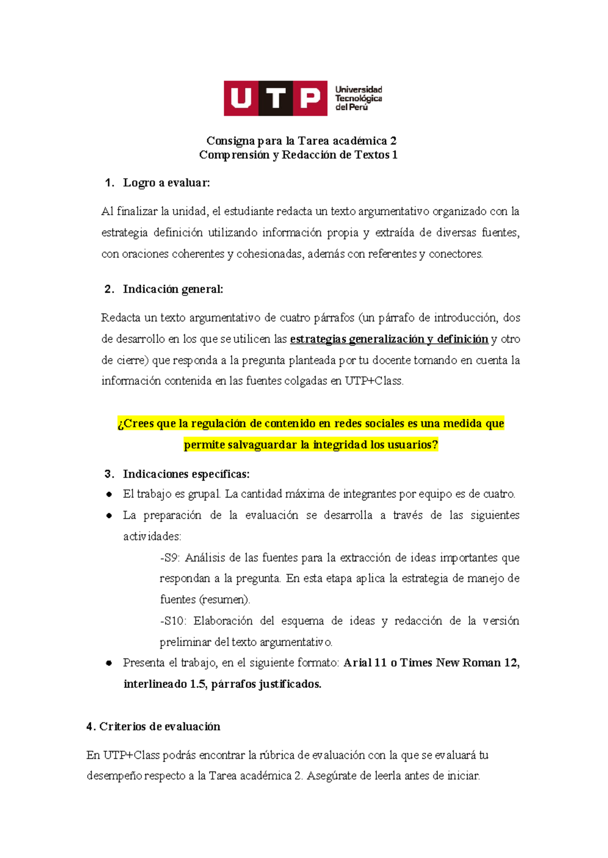Consigna TA2 Ezchac - Consigna para la Tarea académica 2 Comprensión y Redacción de Textos 1 1 ...