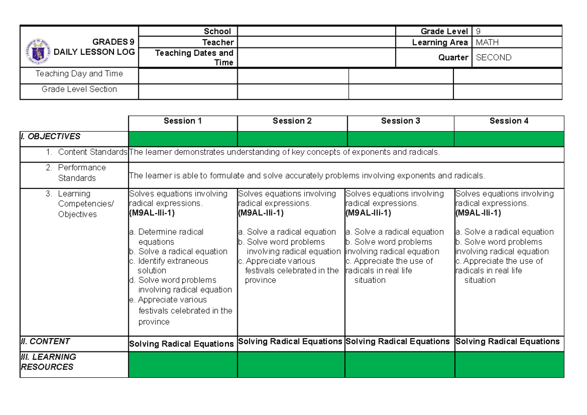DLL WK 17 LC 27 - Lesson Log for Grade 9 Mathematics Quarter 2. It will ...