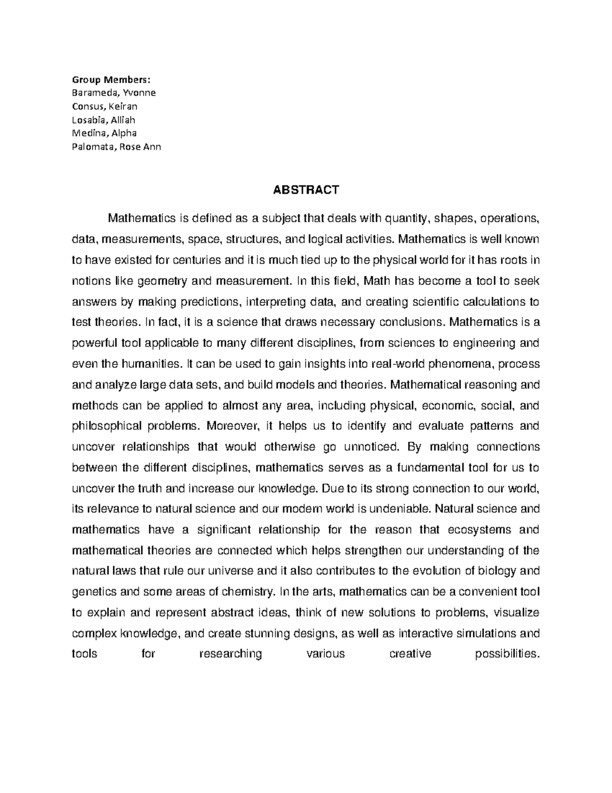 MMW Final Abstract Description - Group 5 - Group Members: Barameda, Yvonne Consus, Keiran ...
