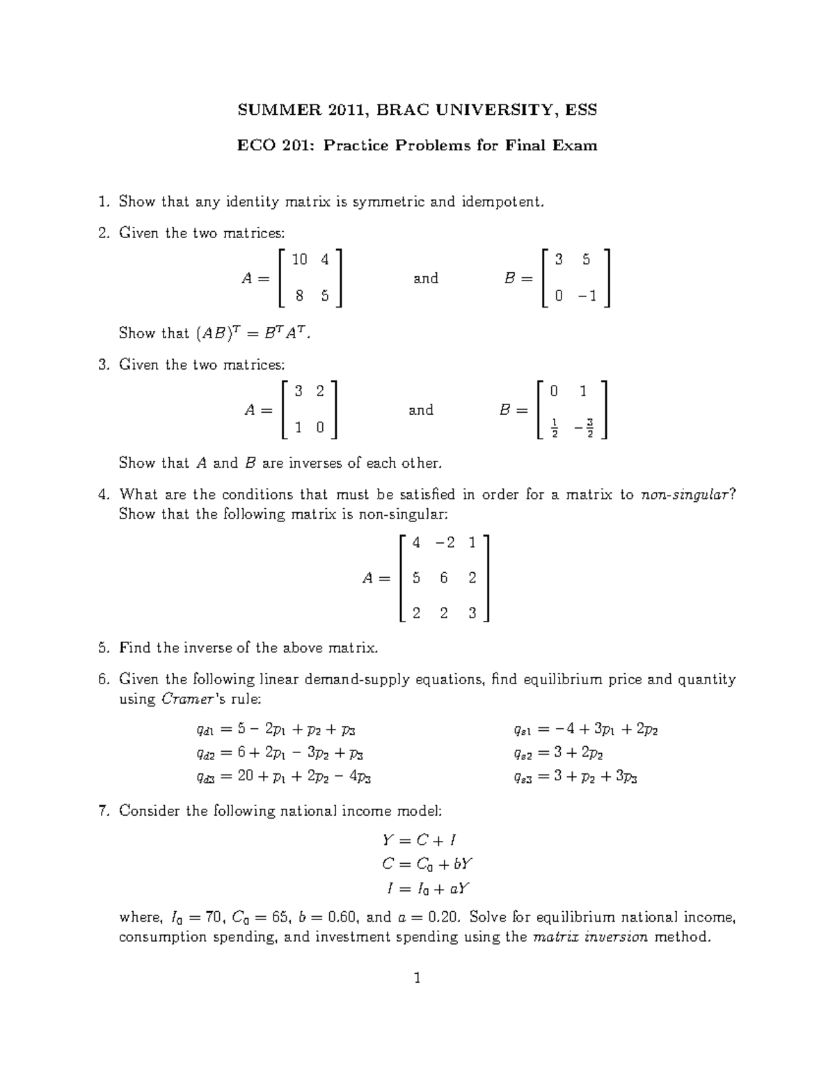 Sample/practice exam 10 2017, questions - SUMMER 2011, BRAC UNIVERSITY ...