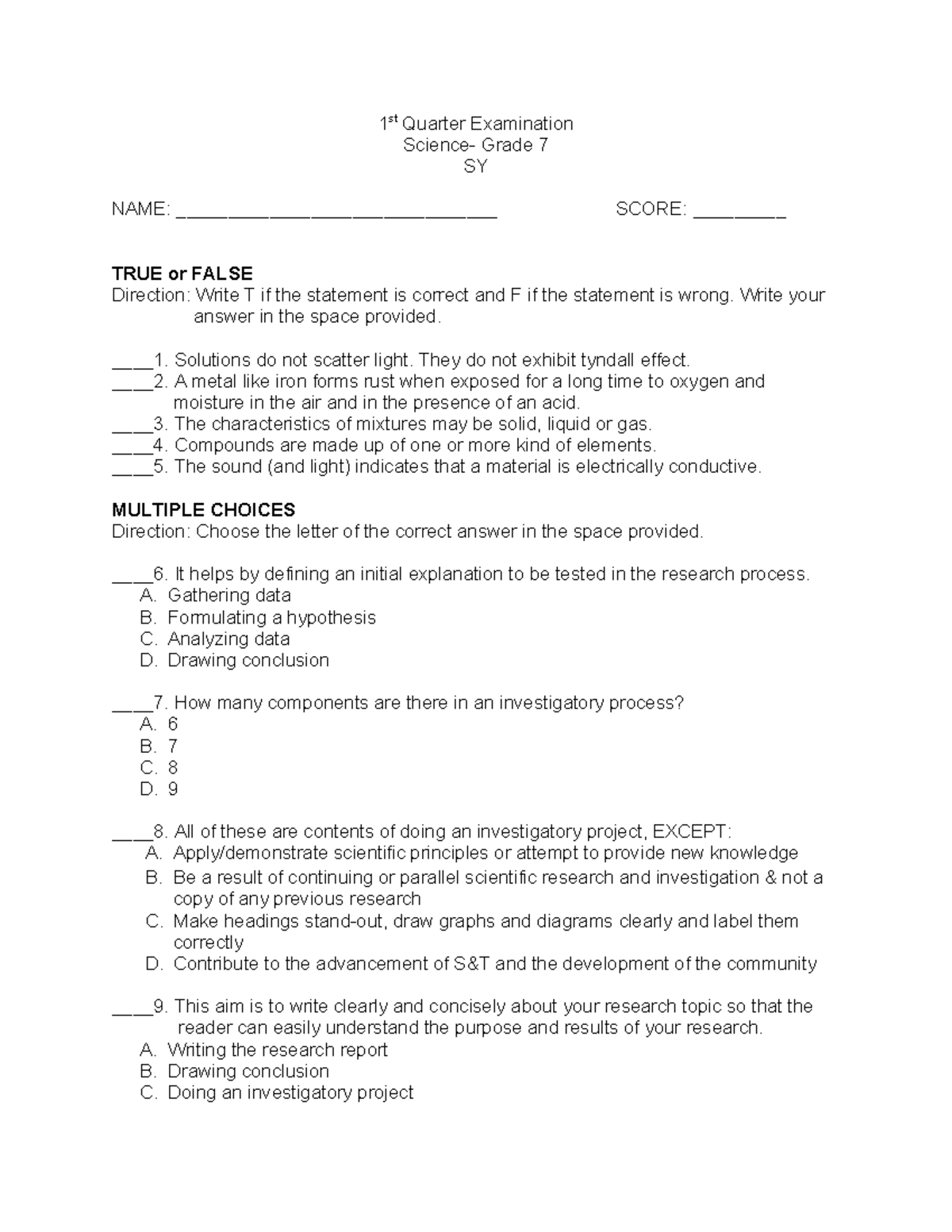 PT Science 7 Q1 - 1 st Quarter Examination Science- Grade 7 SY NAME