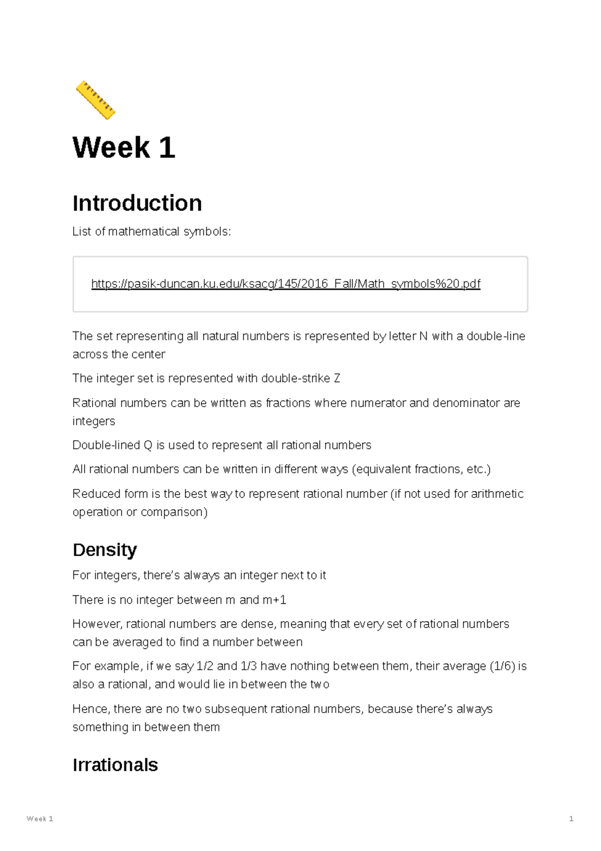 Week 1 - 📏 Week 1 Introduction List of mathematical symbols: - Studocu