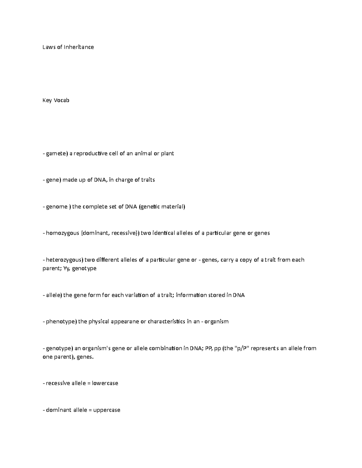DNA Notes - Laws of Inheritance Key Vocab gamete) a reproductive cell ...