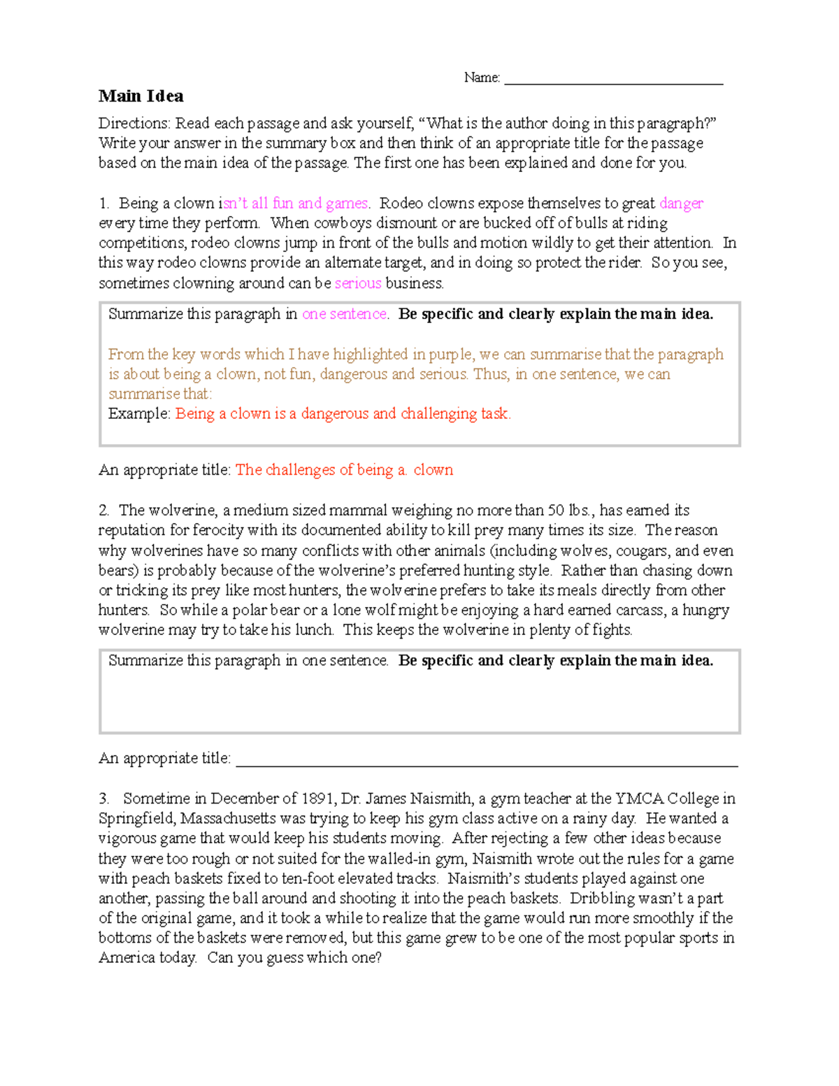ELC151 Practice on MAIN IDEA - Name ...