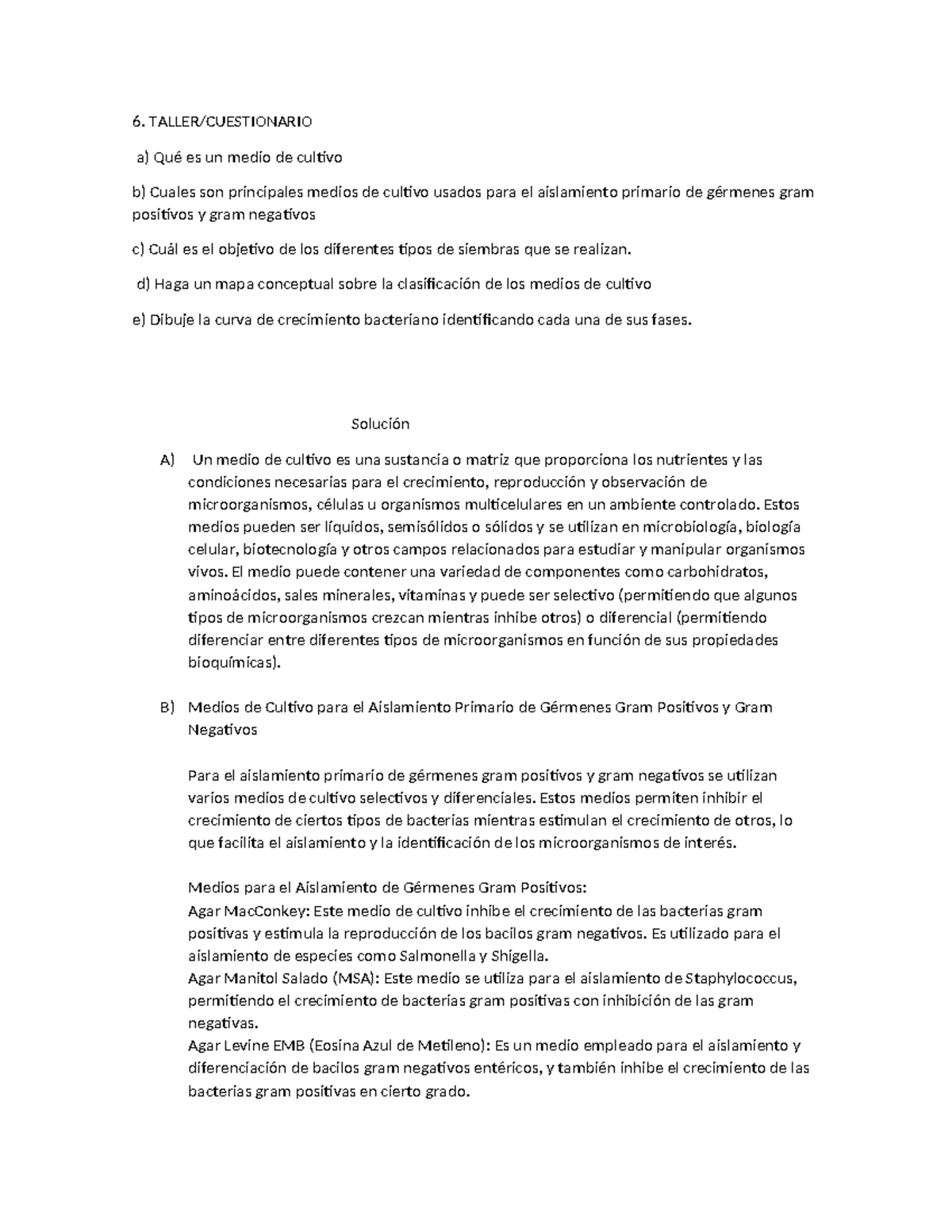 Informe micro - 6. TALLER/CUESTIONARIO a) Qué es un medio de cultivo b ...
