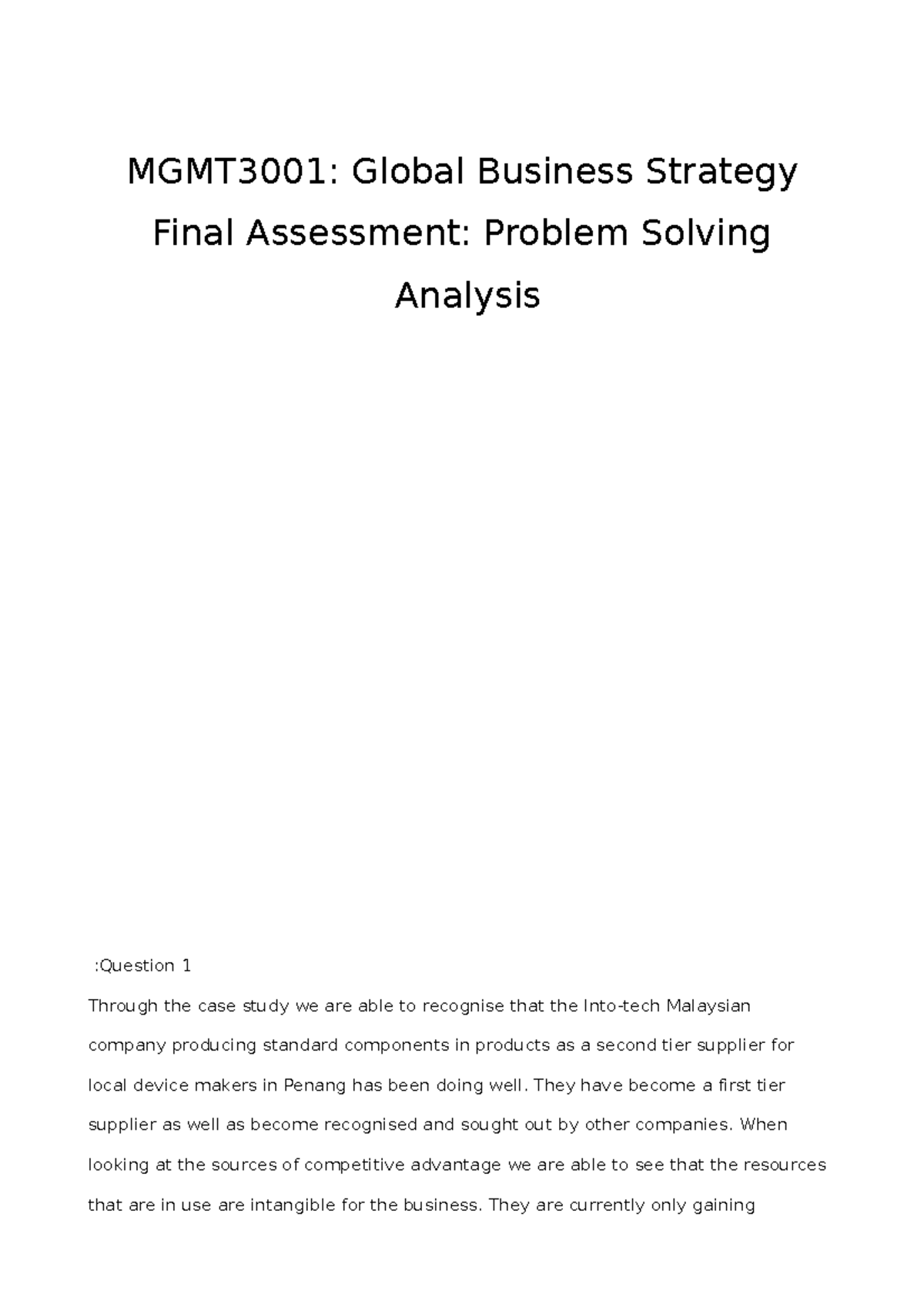MGMT3001- Problem Solving Analysis - MGMT3001: Global Business Strategy ...