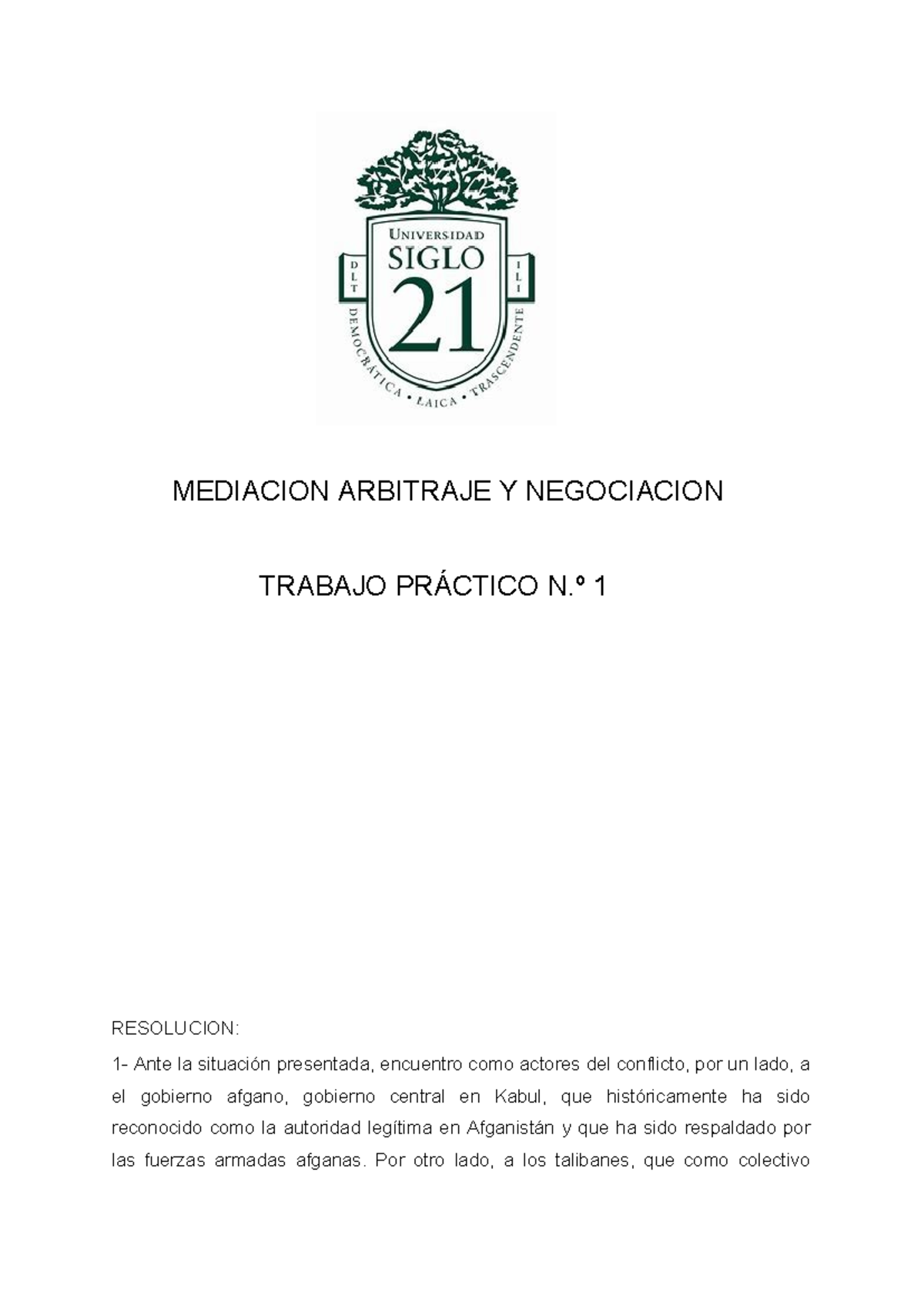 Tp1 Mediacion Arbitraje Y Negociacion - MEDIACION ARBITRAJE Y NEGOCIACION TRABAJO PRÁCTICO N.º 1 ...