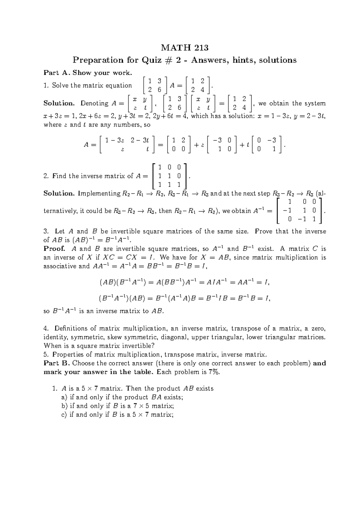 Example quiz2 213sol - MATH 213 Preparation for Quiz # 2 - Answers, hints, solutions Part A ...