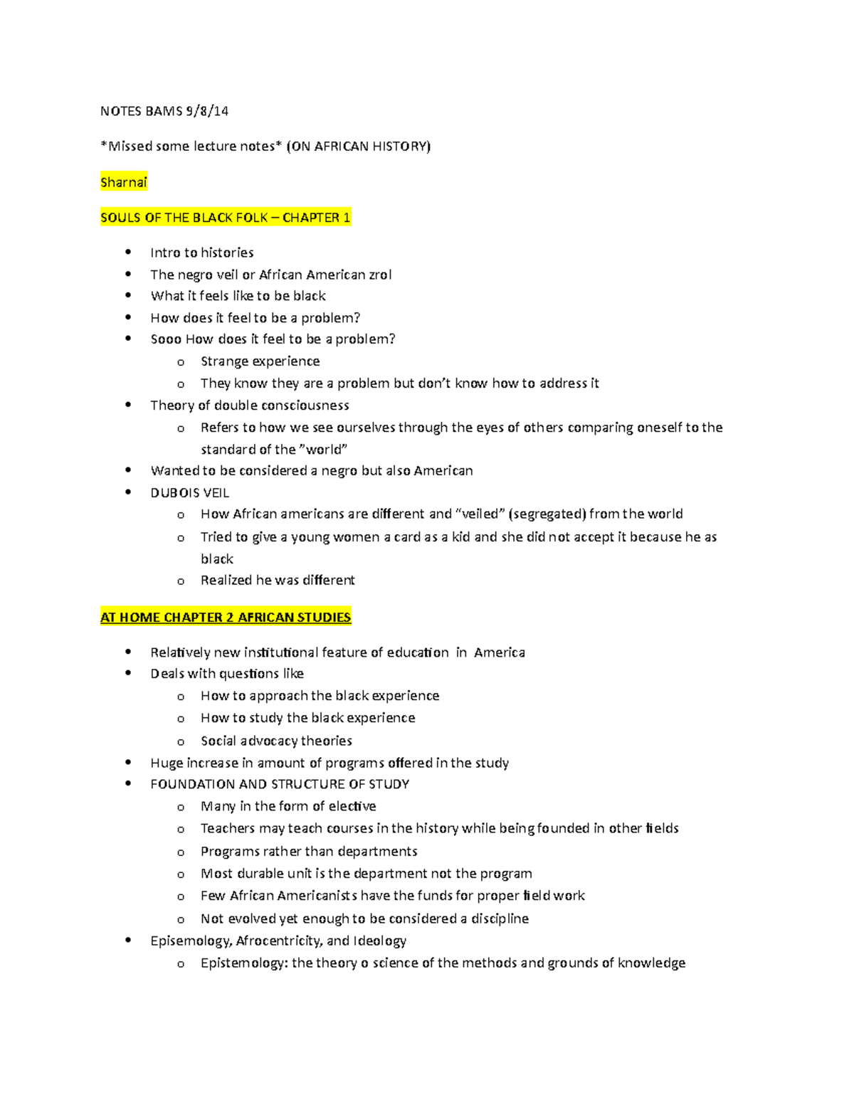 Notes BAMS - NOTES BAMS some lecture (ON AFRICAN HISTORY) Sharnai SOULS ...
