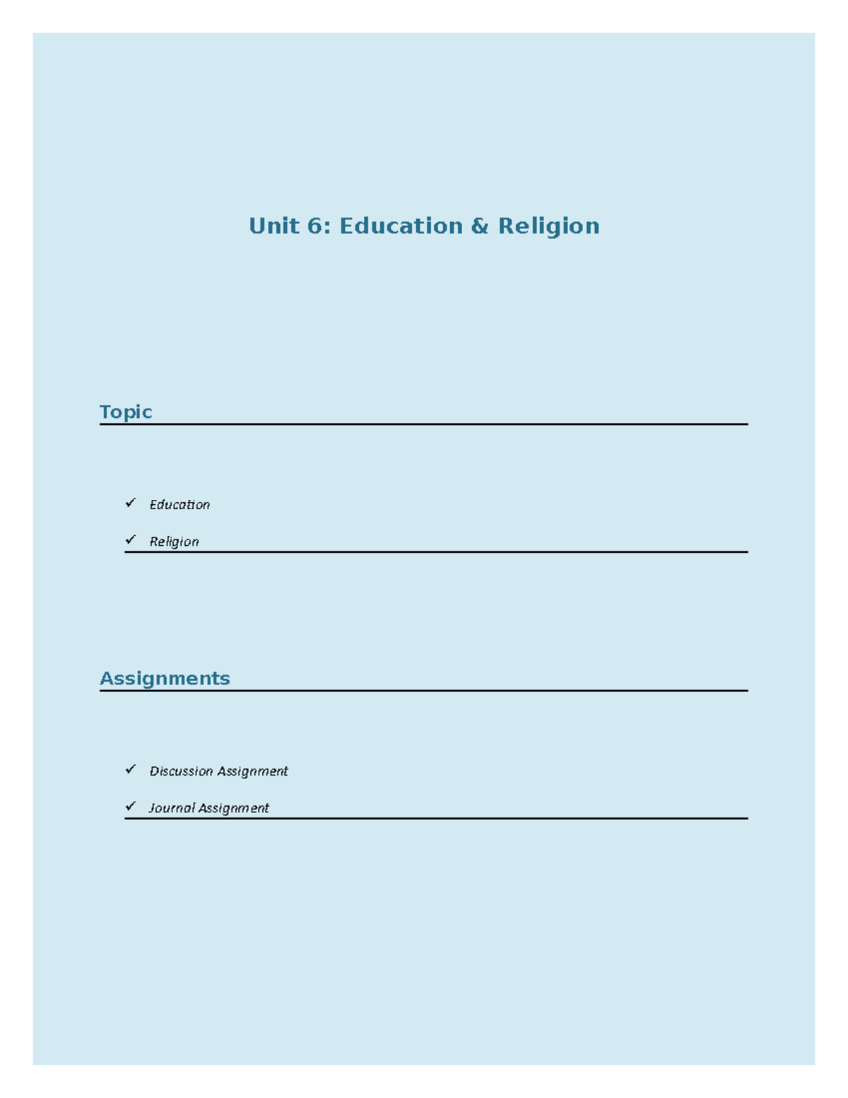 SOC 1502 Unit 6 Assignments - Unit 6: Education & Religion Topic ...