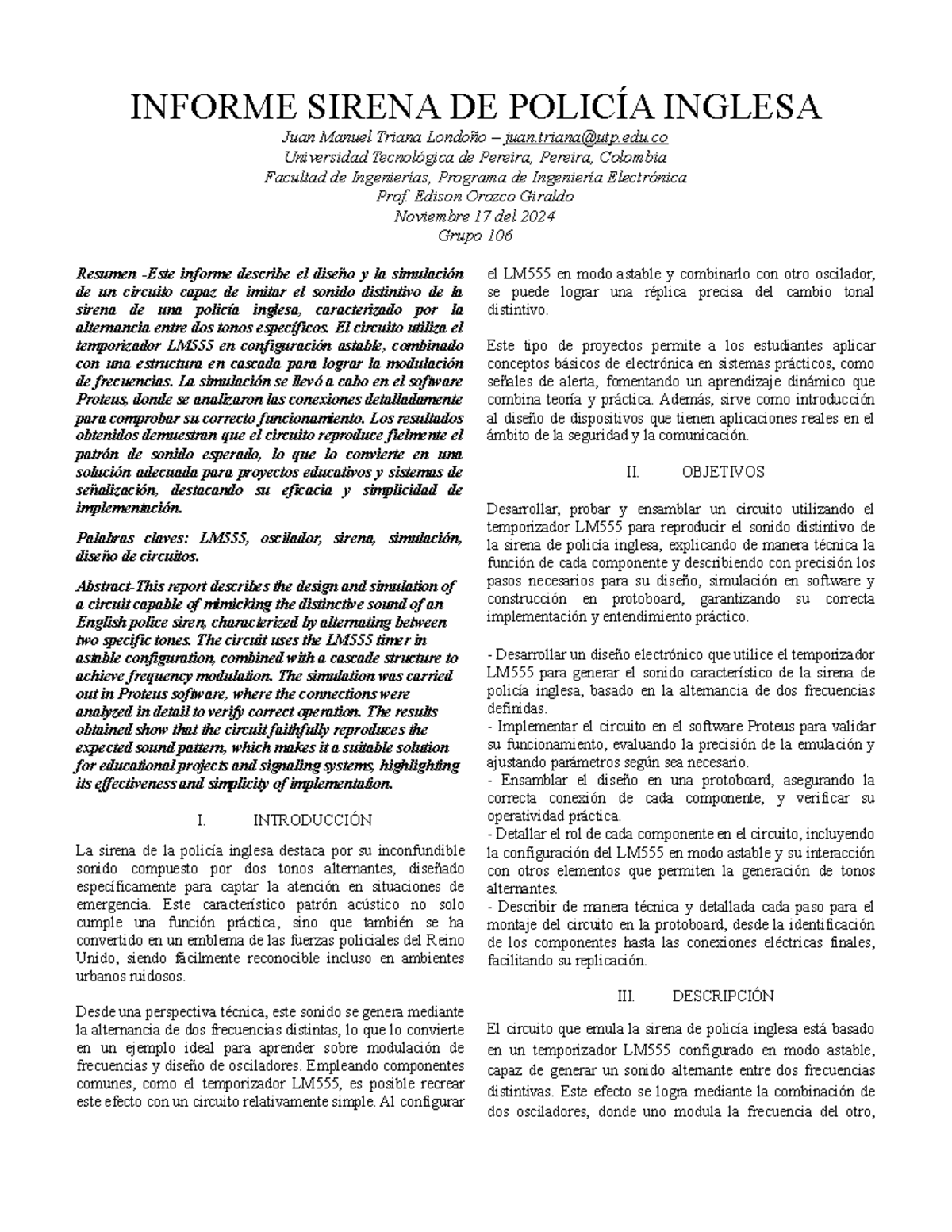 Informe Sirena de policia inglesa - INFORME SIRENA DE POLICÍA INGLESA Juan Manuel Triana Londoño ...