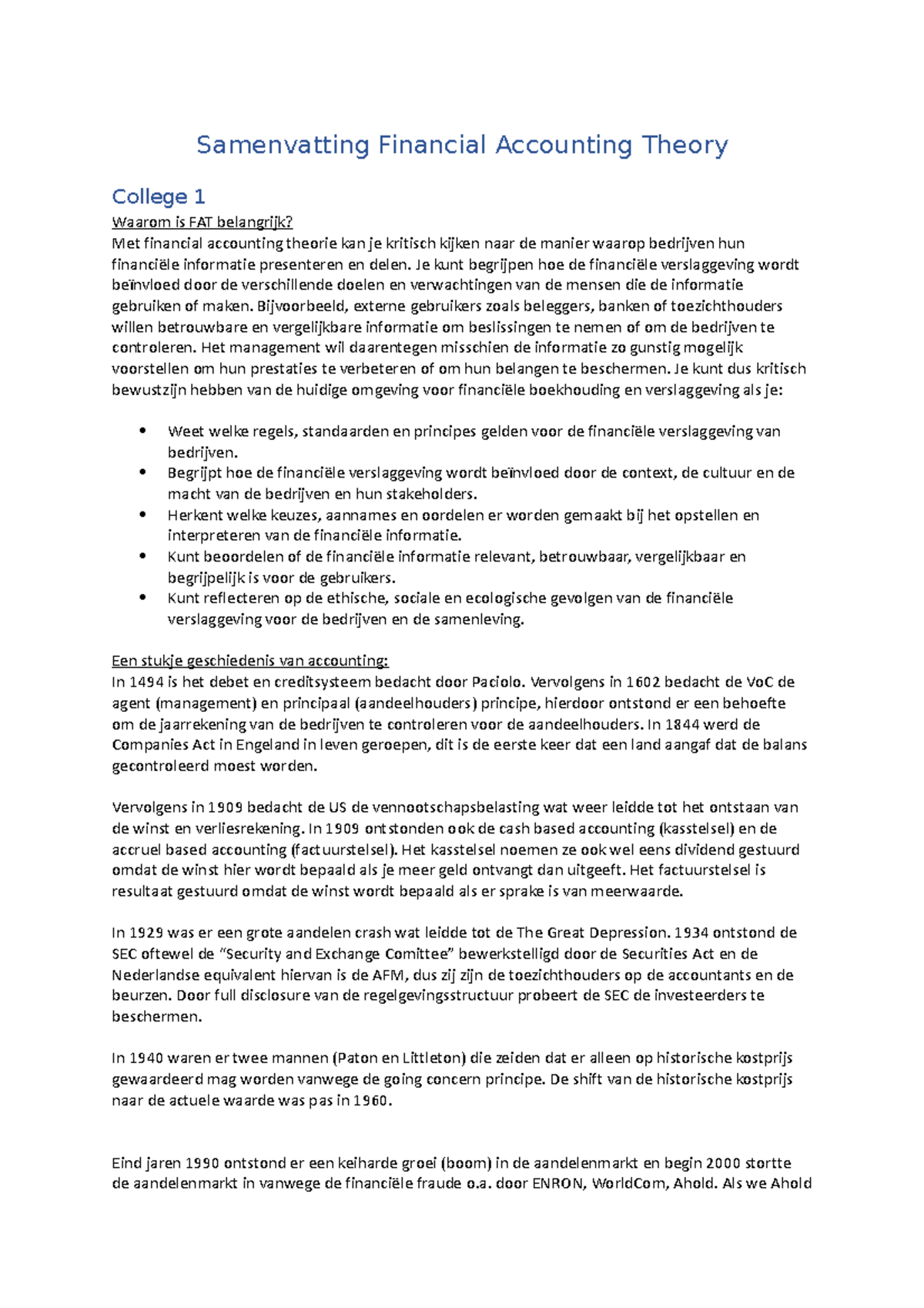 Samenvatting - Financial Accounting Theory - Samenvatting Financial Accounting Theory College 1 ...