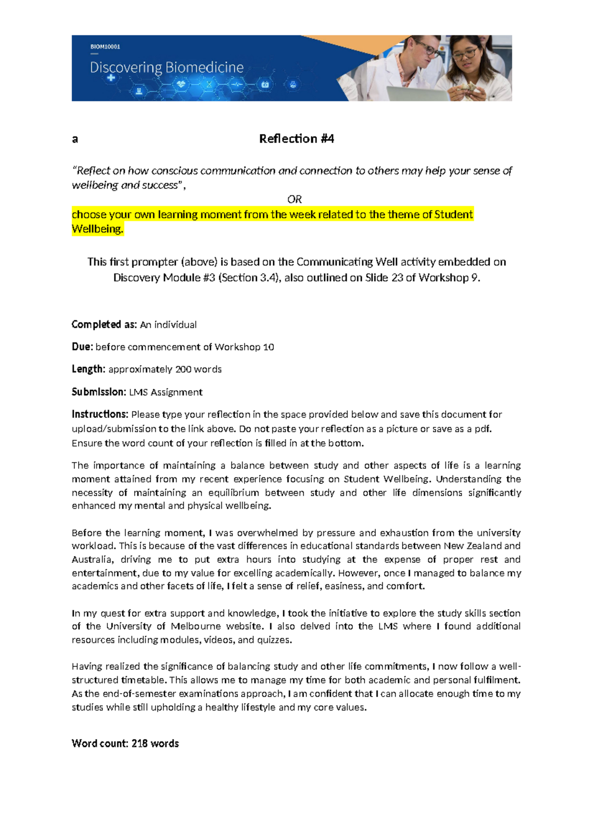 BIOM10001 Written Reflection 4 template - a Reflection “Reflect on how ...