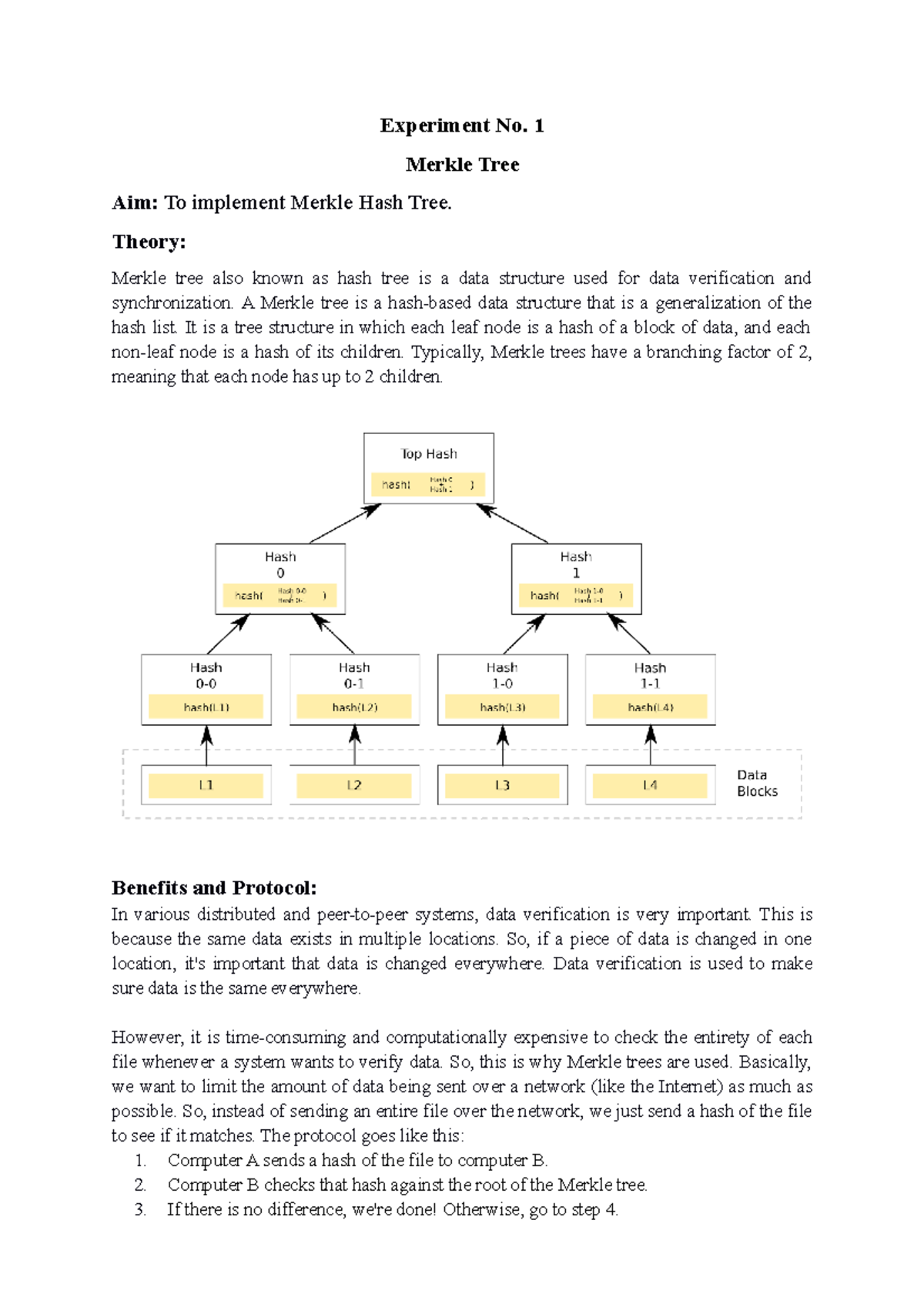 Experiment No 1 Expts 1 2 3 4 Etc Experiment No 1 Merkle Tree Aim To Implement Merkle