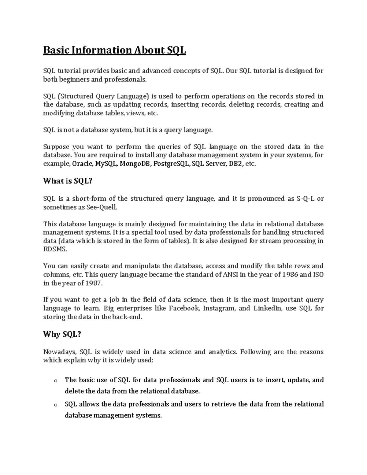 Basic Information About SQL - Our SQL tutorial is designed for both ...