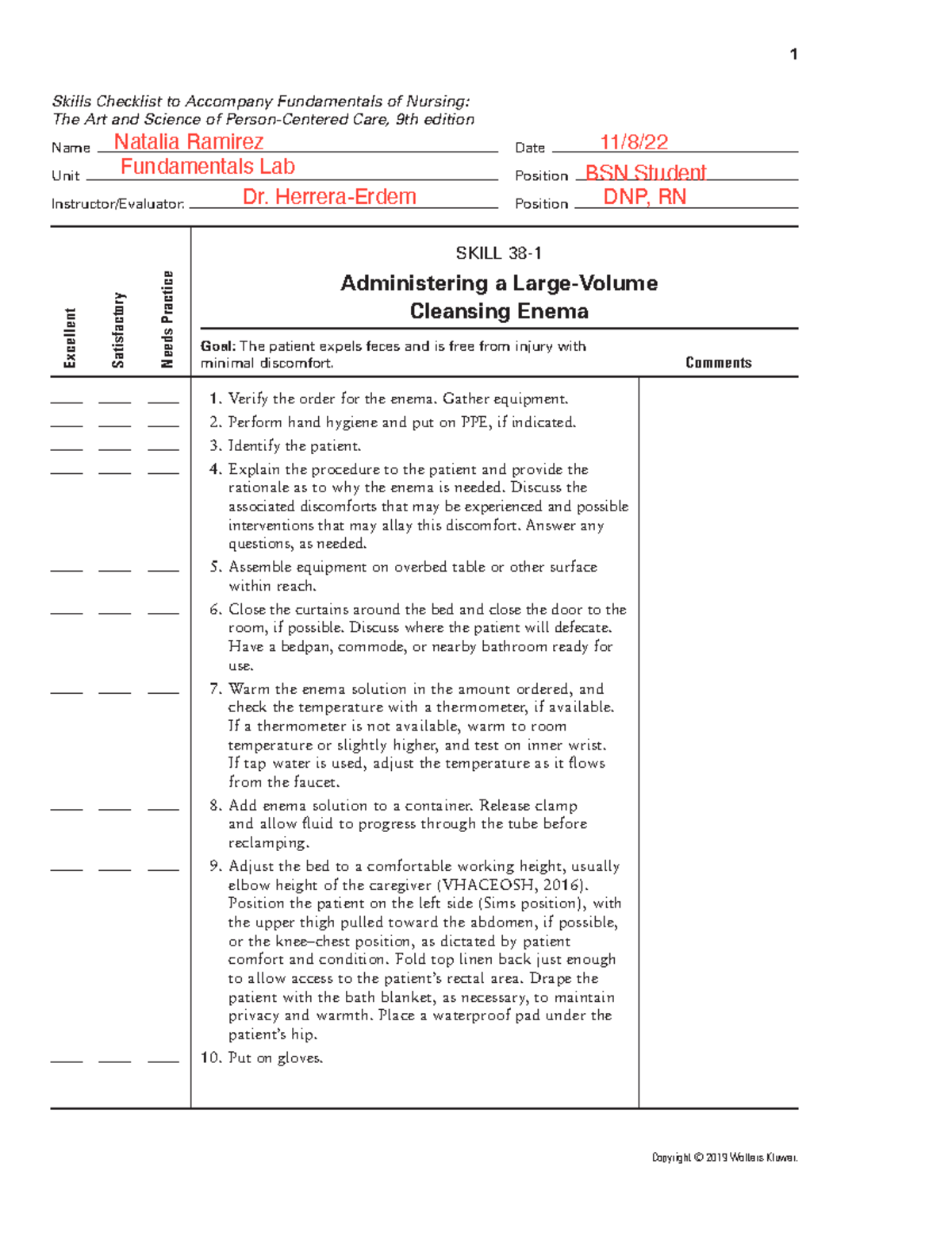 Bowel Elimination Checklist 1 - 1 Skills Checklist to Accompany ...