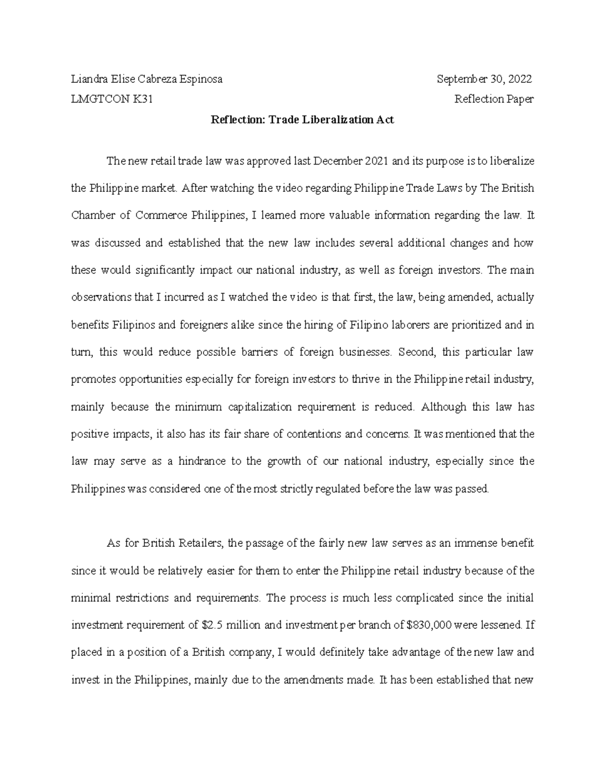 Espinosa, Lian Reflection Paper - Liandra Elise Cabreza Espinosa ...