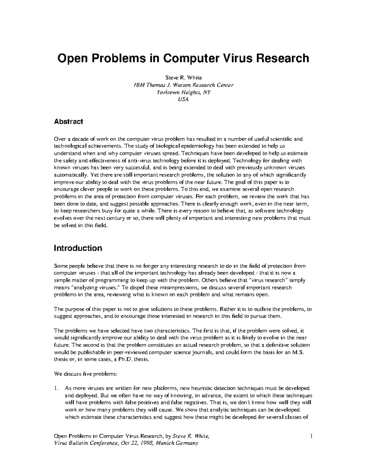 Open Problems in Computer Virus Research - White, 1 Open Problems in ...
