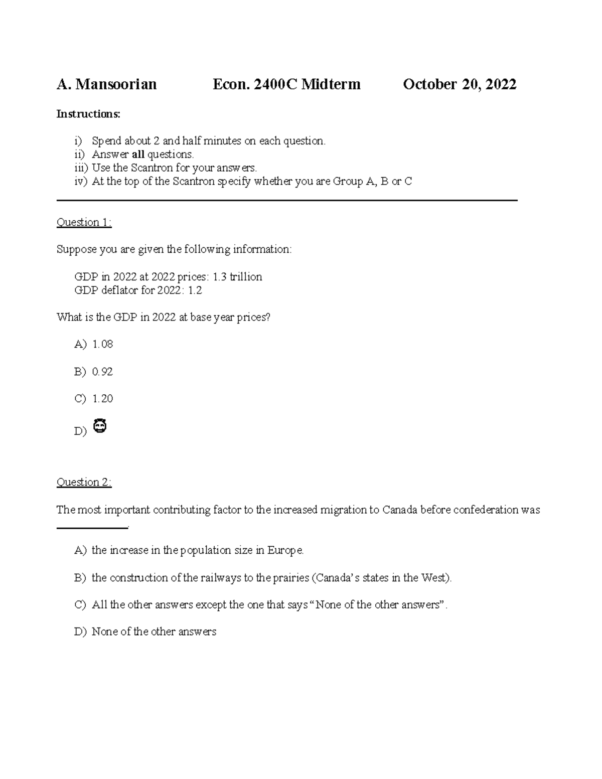 Https:eclass.yorku - sms. did - A. Mansoorian Econ. 2400 C Midterm ...
