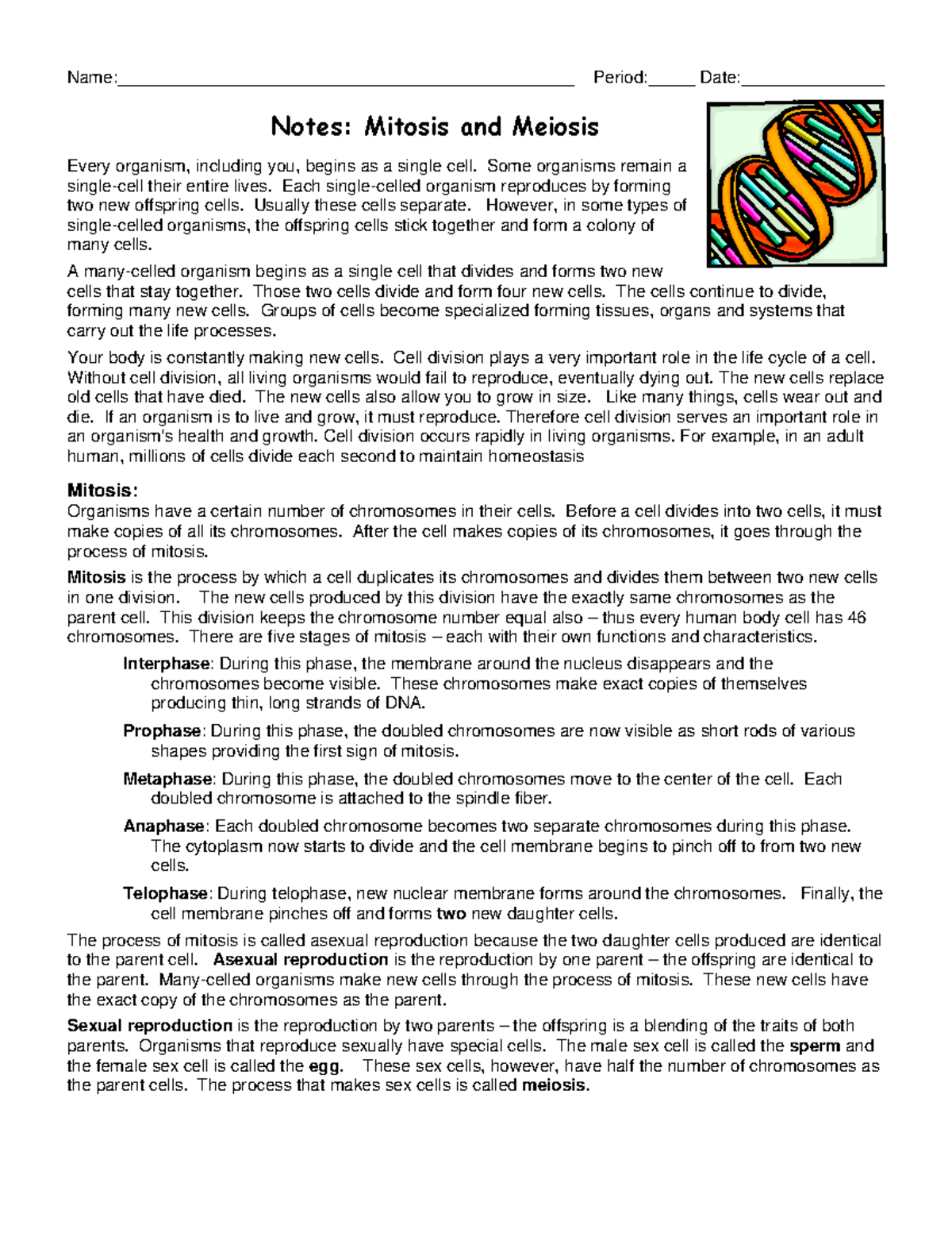 Mitosis meiosis notes - Cell division - Name