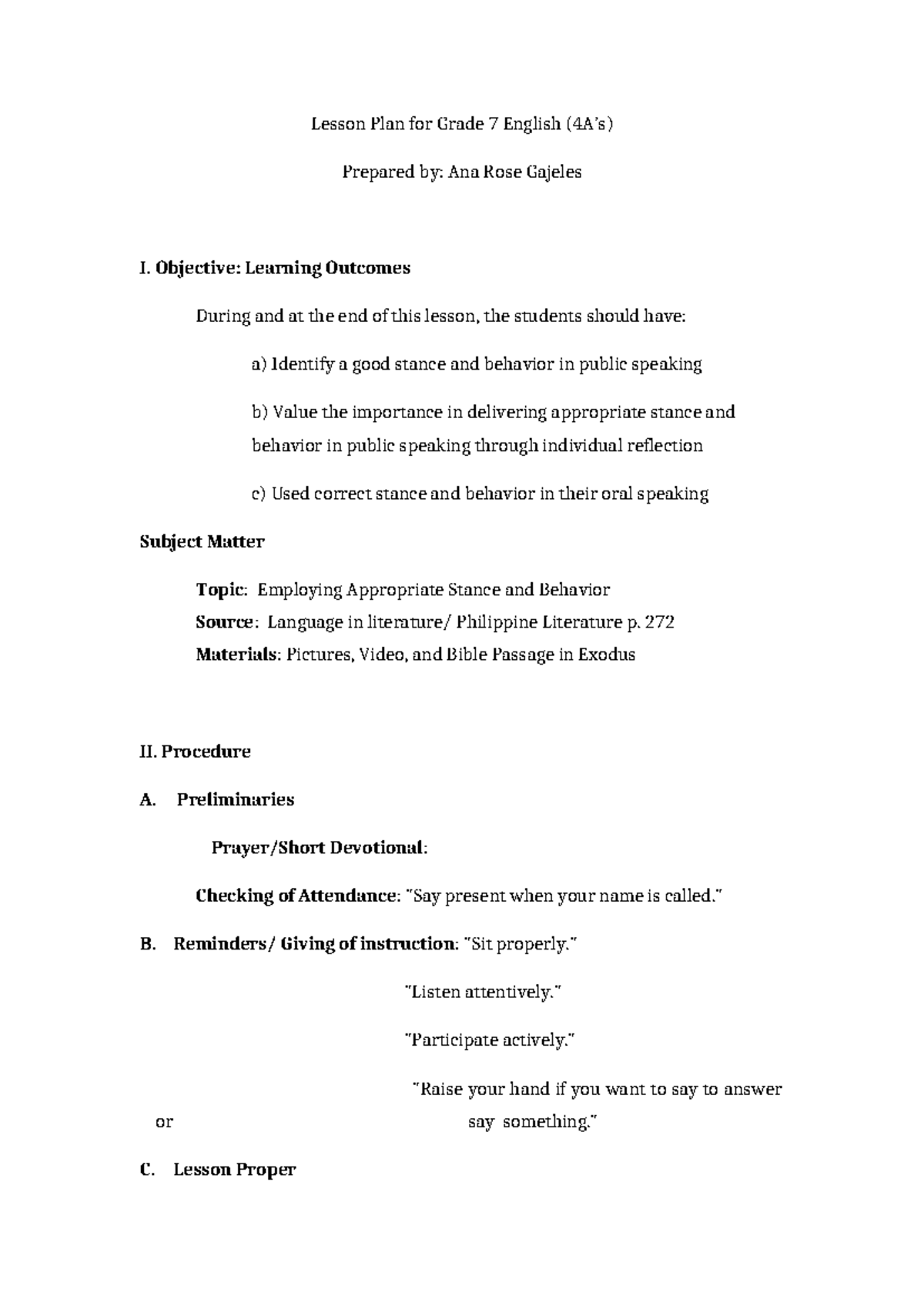 4A's Lesson Plan # 1 - Lesson Plan for Grade 7 English (4A’s) Prepared ...