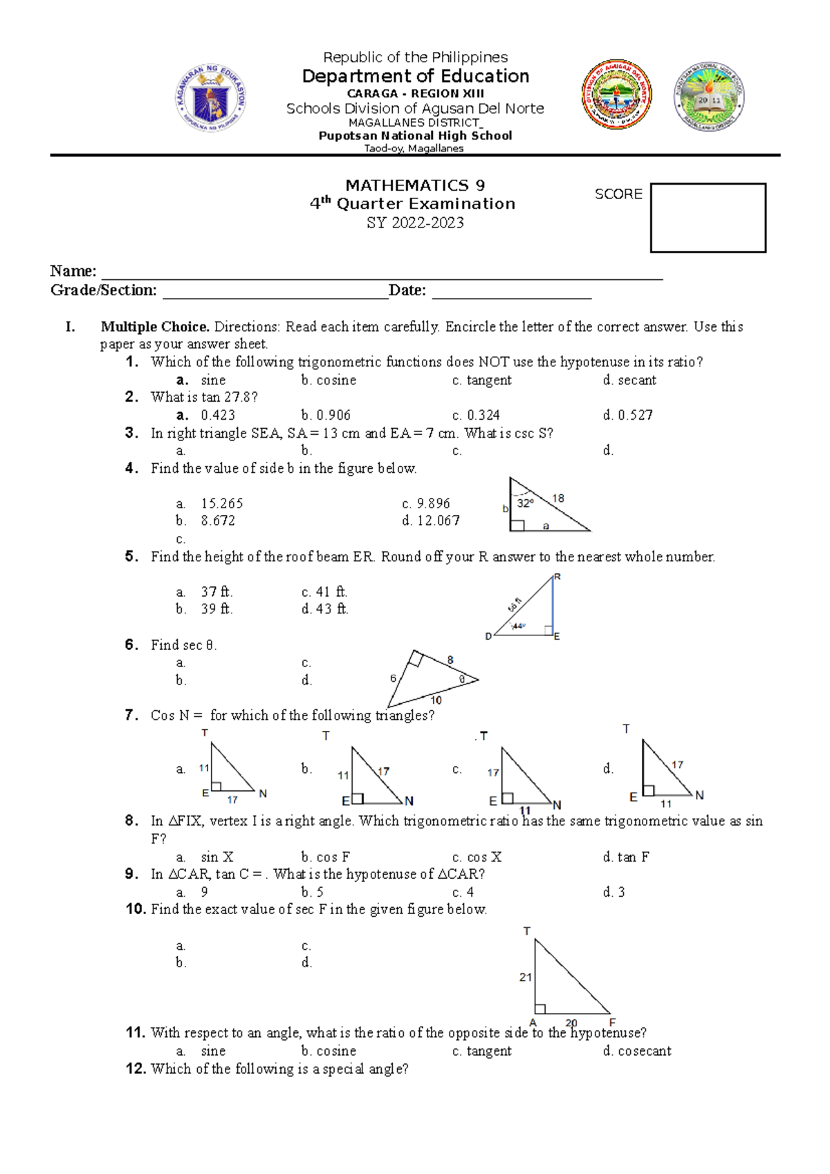 4TH quarter exam 9 - Republic of the Philippines Department of ...