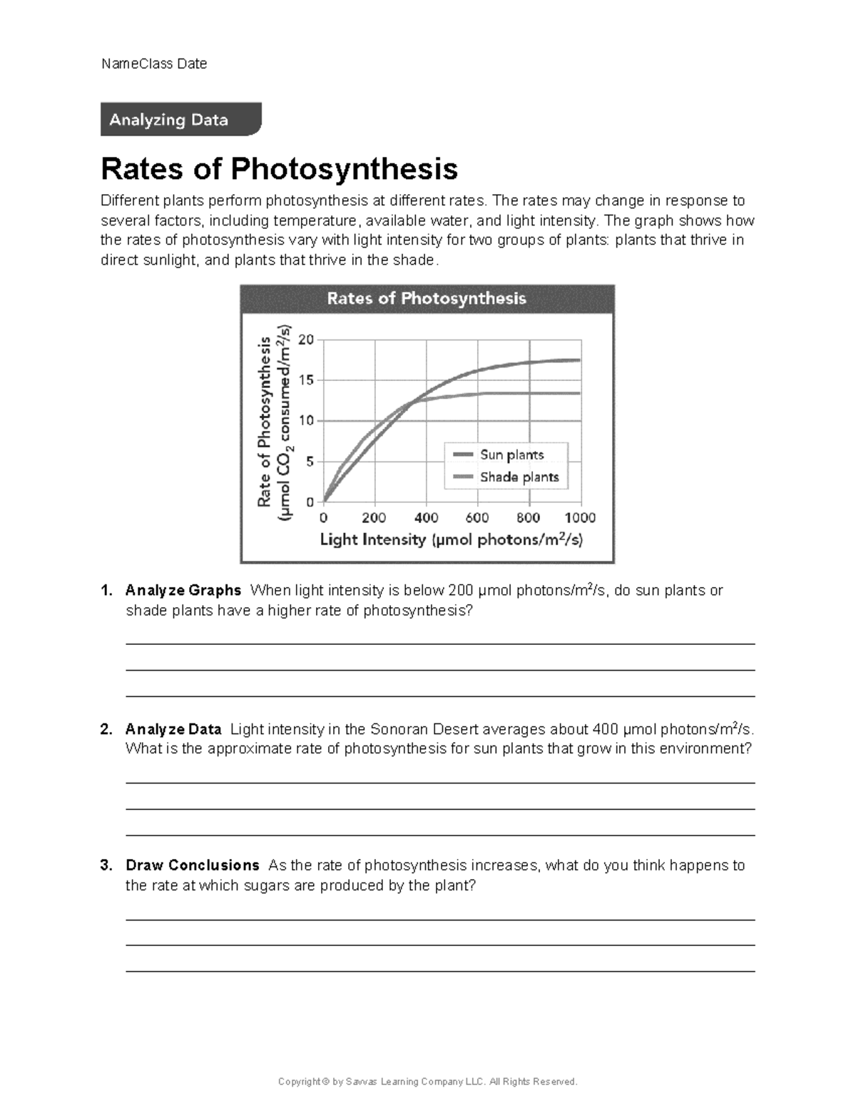 BIO CH09 Analyzing Data - Rates of Photosynthesis Different plants ...