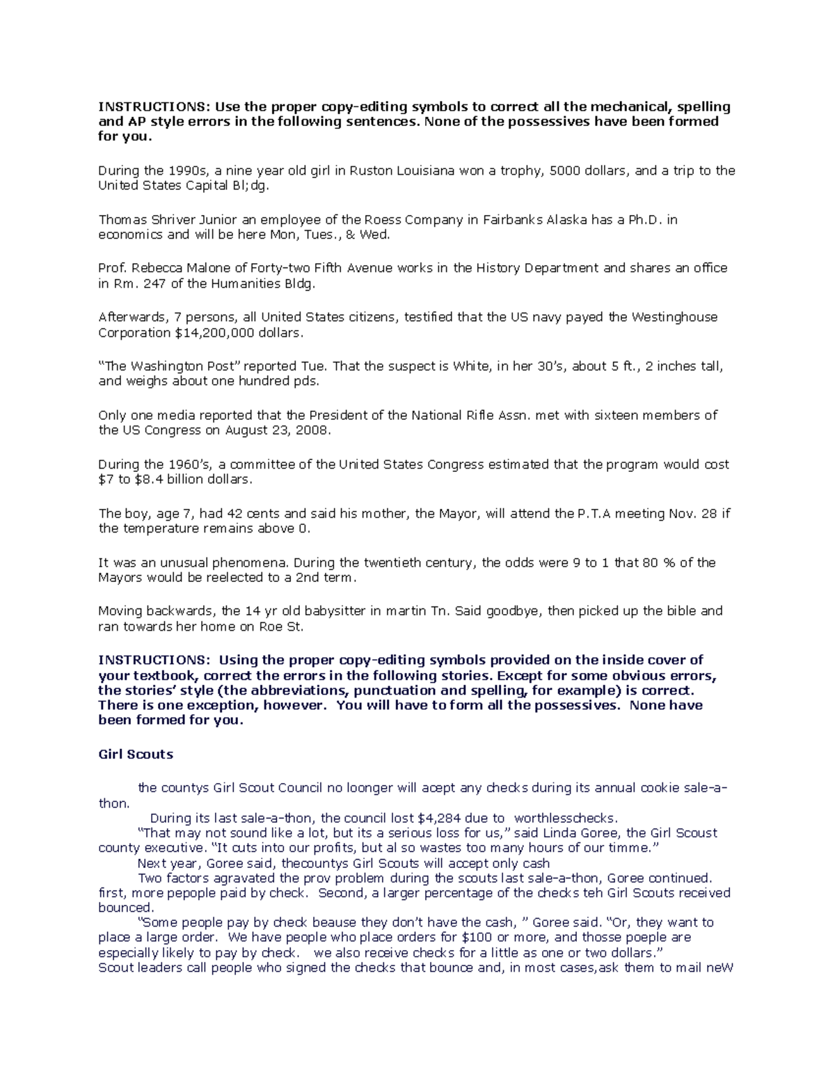 Copy Editing Exercise - INSTRUCTIONS: Use the proper copy-editing ...