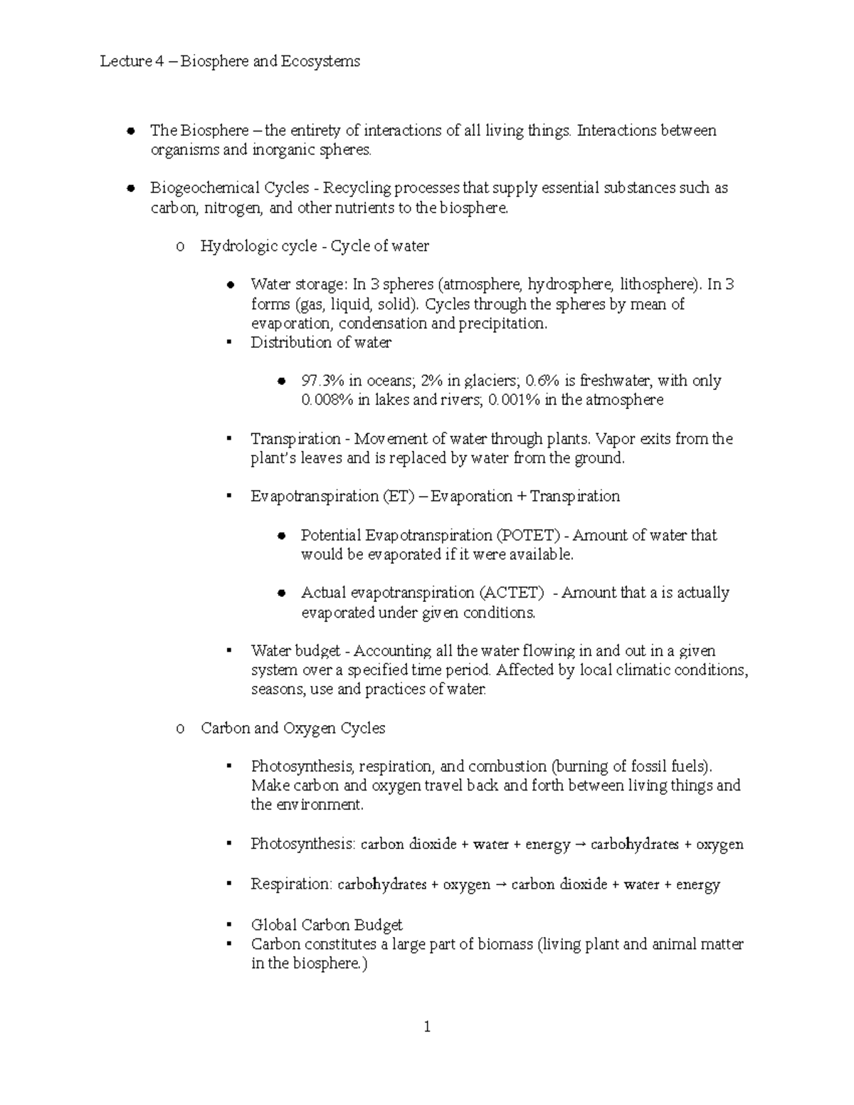 Chapter 4 - Lecture notes 4 - Lecture 4 – Biosphere and Ecosystems The ...