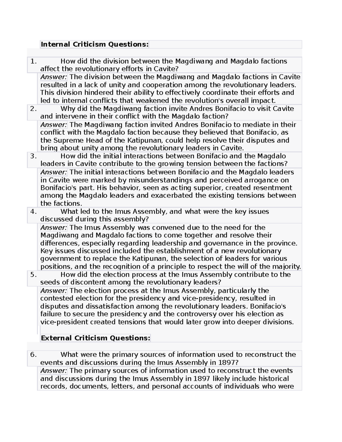 Revolt 1 - lecture notes - Internal Criticism Questions: How did the ...