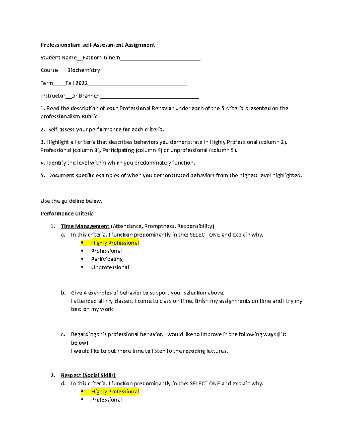 Professionalism Self Assessment Assignment - Professionalism self ...