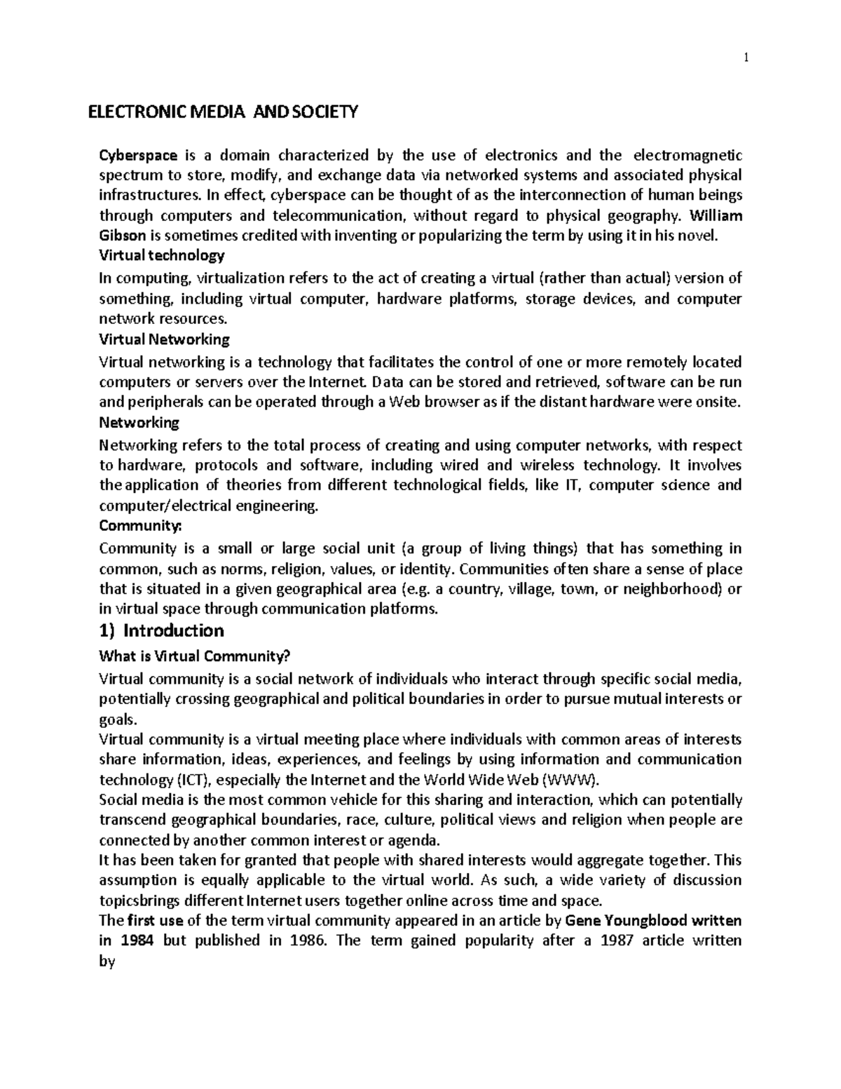 Electronic Media And Virtual society - ELECTRONIC MEDIA AND SOCIETY ...