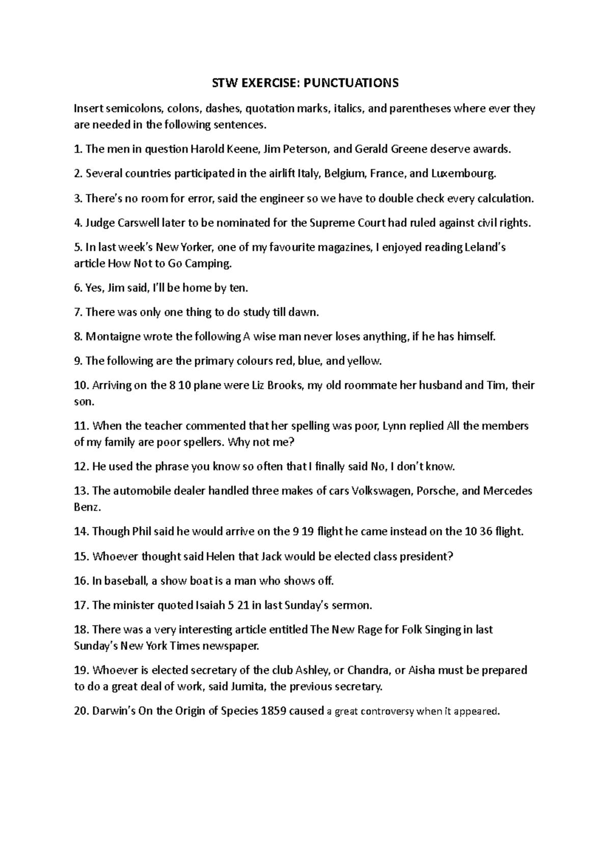 STW 2 1 Exercise Punctuation - STW EXERCISE: PUNCTUATIONS Insert ...