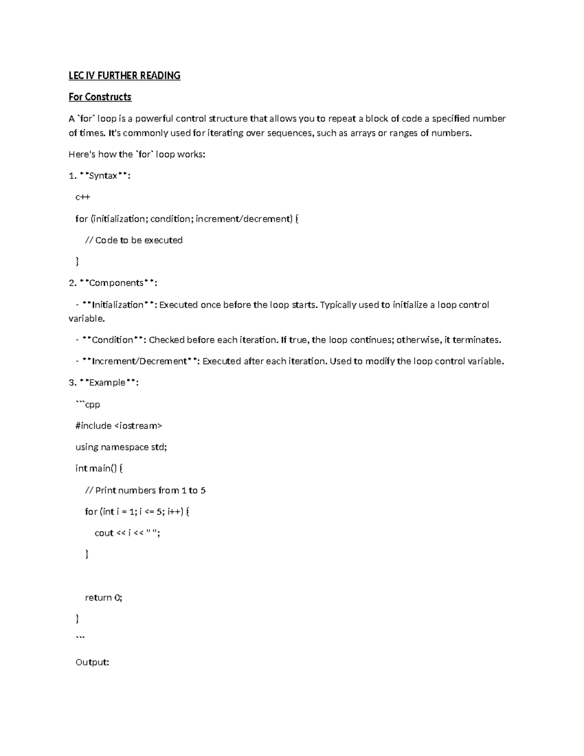 Cosc 104 Lec Iv Further Reading Lec Iv Further Reading For Constructs A For Loop Is A Powerful