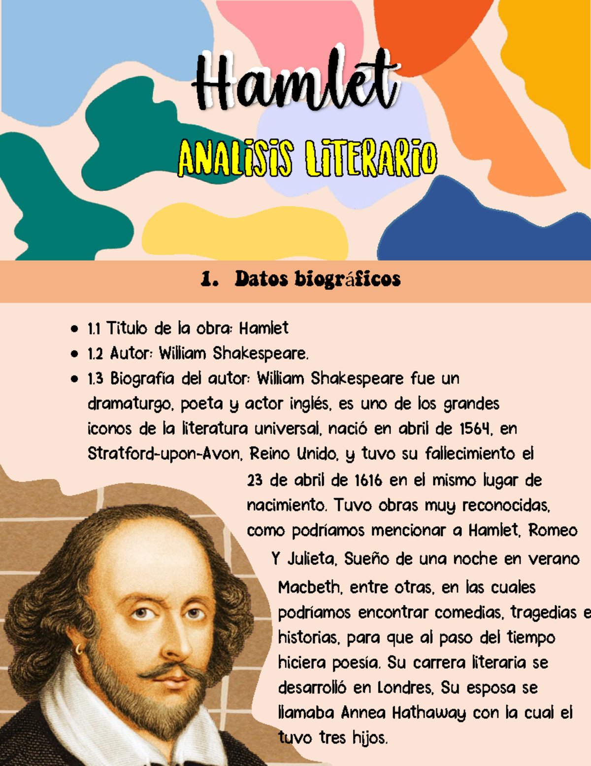 Análisis literario 2 - Hamlet - ####### c 1. Datos biográficos 1 Titulo ...