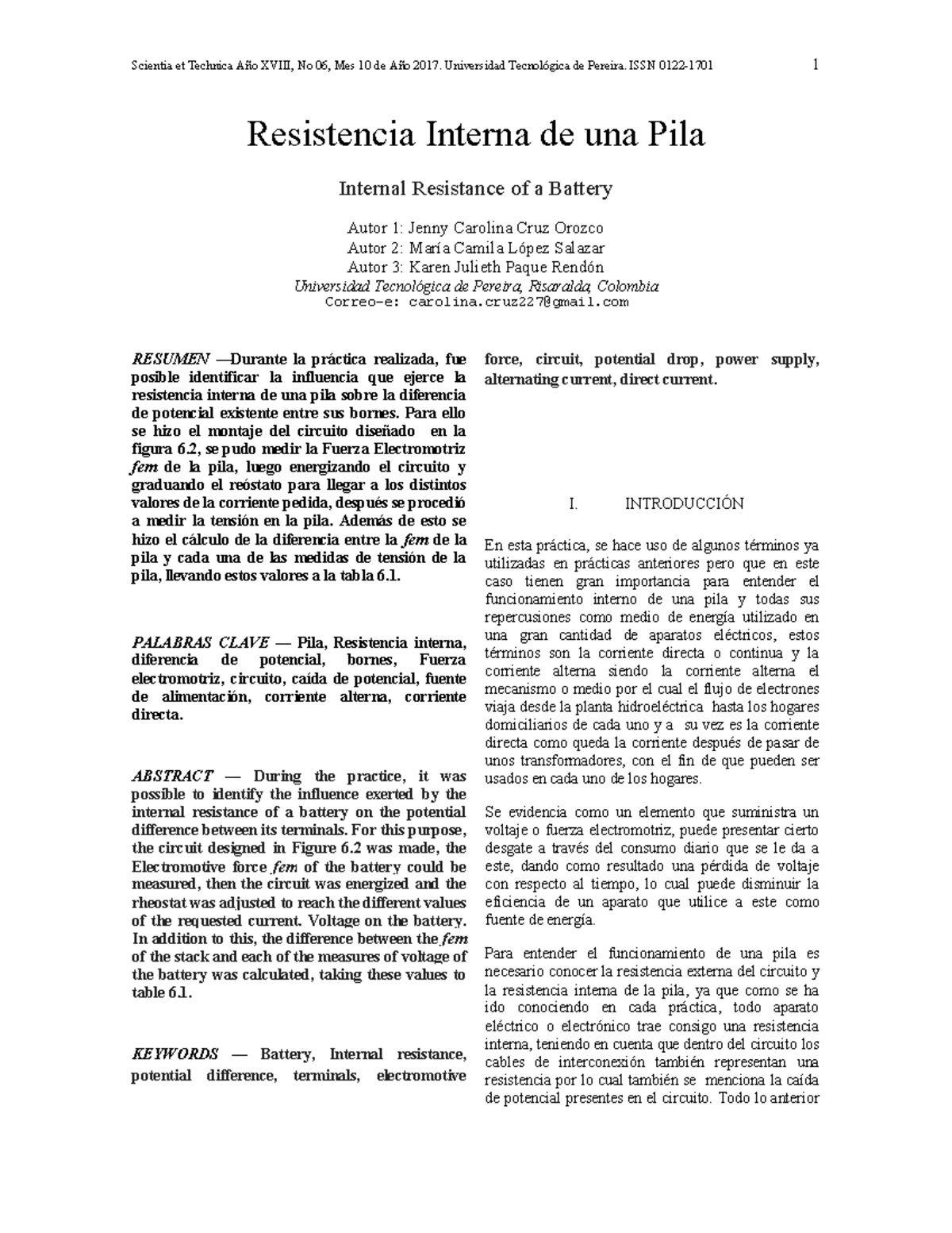 LAB FIS II - 2.6. Resistencia Interna DE UNA PILA - Resistencia Interna de una Pila Internal ...