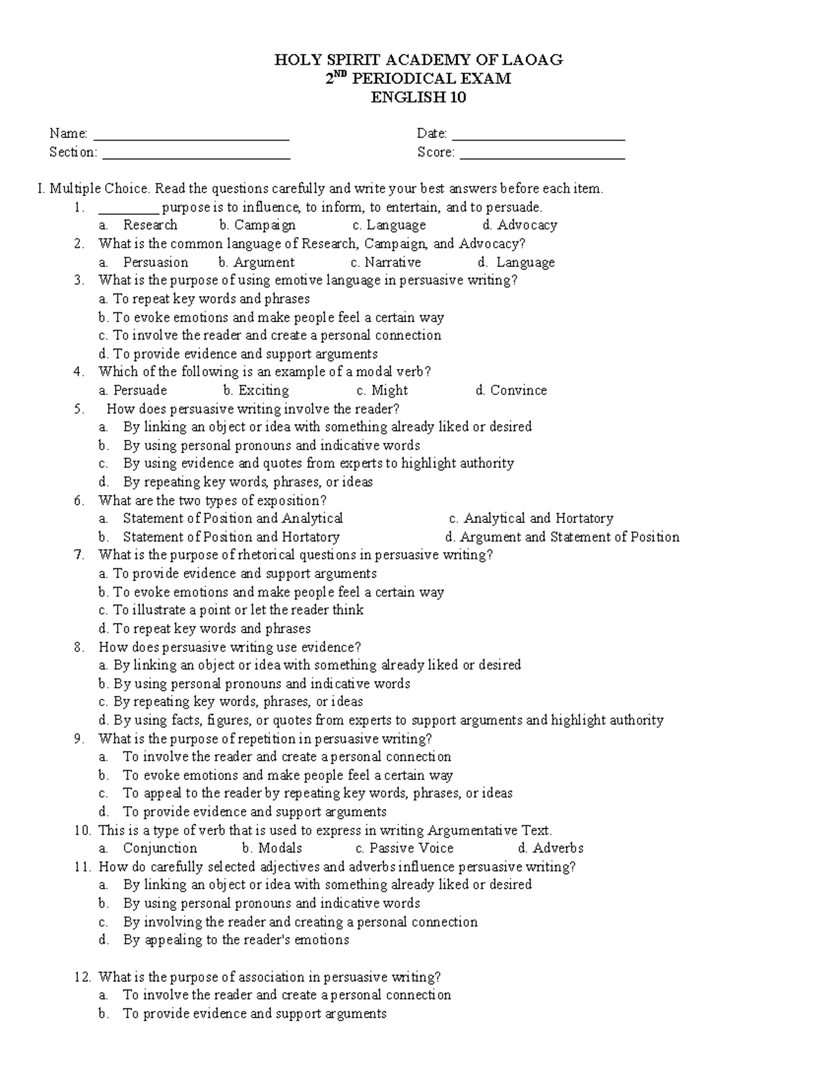 Grade 10 2ND Periodical EXAM - HOLY SPIRIT ACADEMY OF LAOAG 2 ND ...