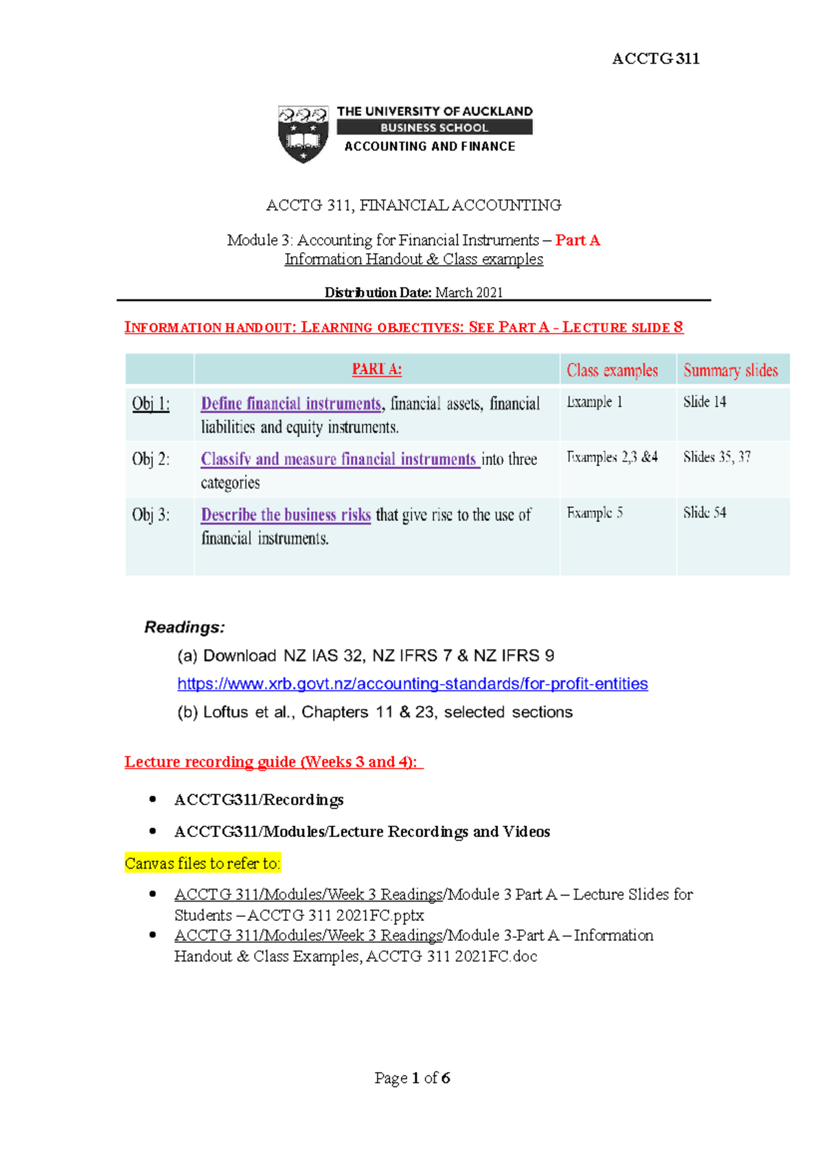 Module 3 - Part A - Information Handout and Class Examples, ACCTG 311 ...