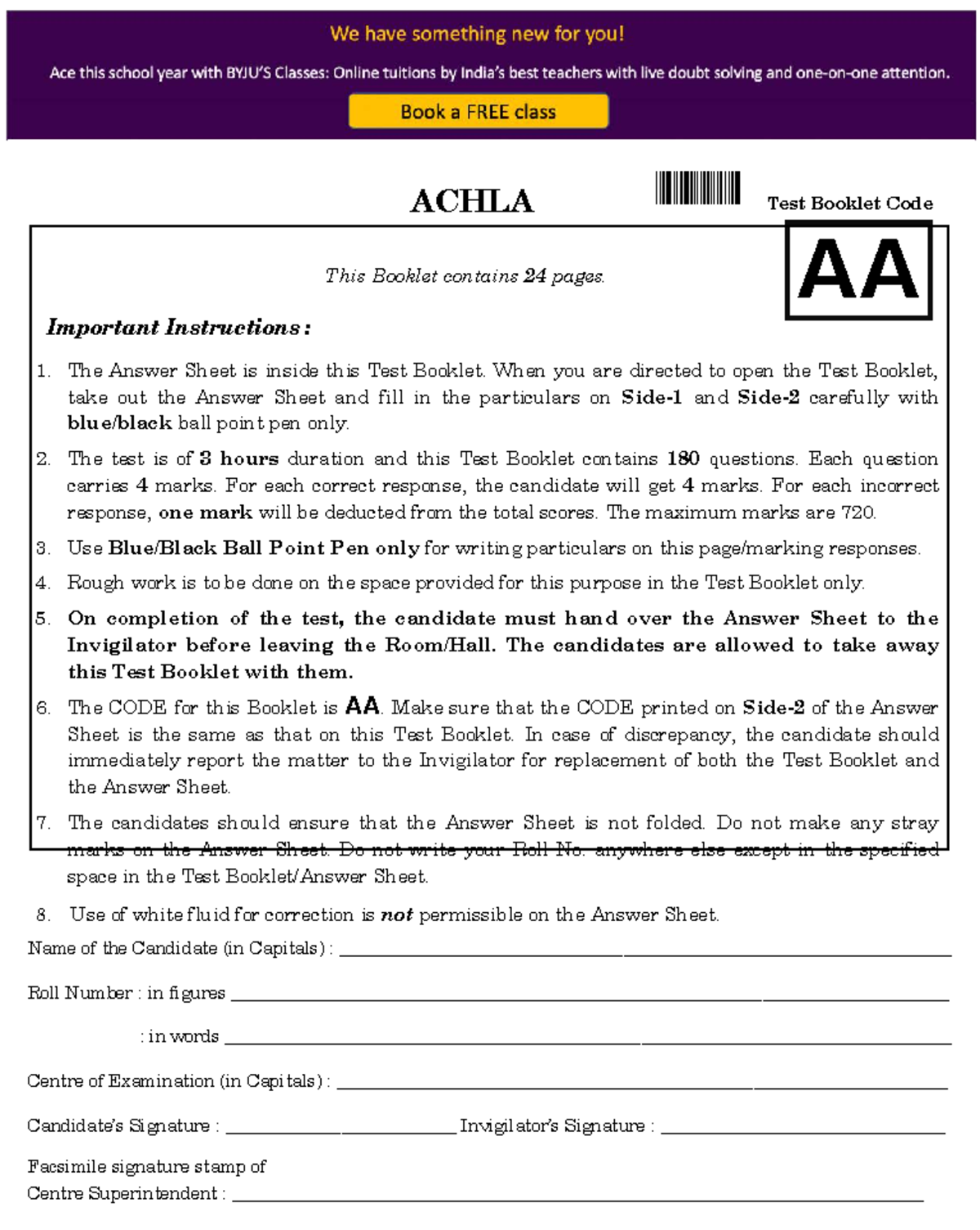 Neet 2019 set aa - Neet 2019 set aa - AA Test Booklet Code This Booklet ...