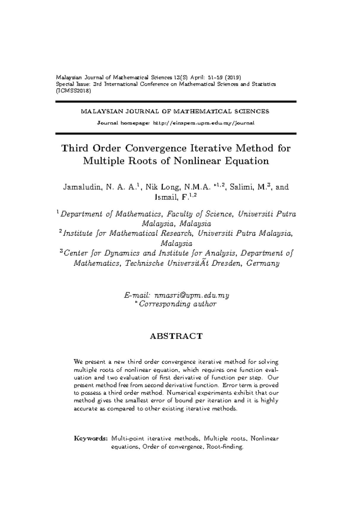 Third Order Convergence Iterative Method For Multiple Roots Of Nonlinear Equation Malaysian
