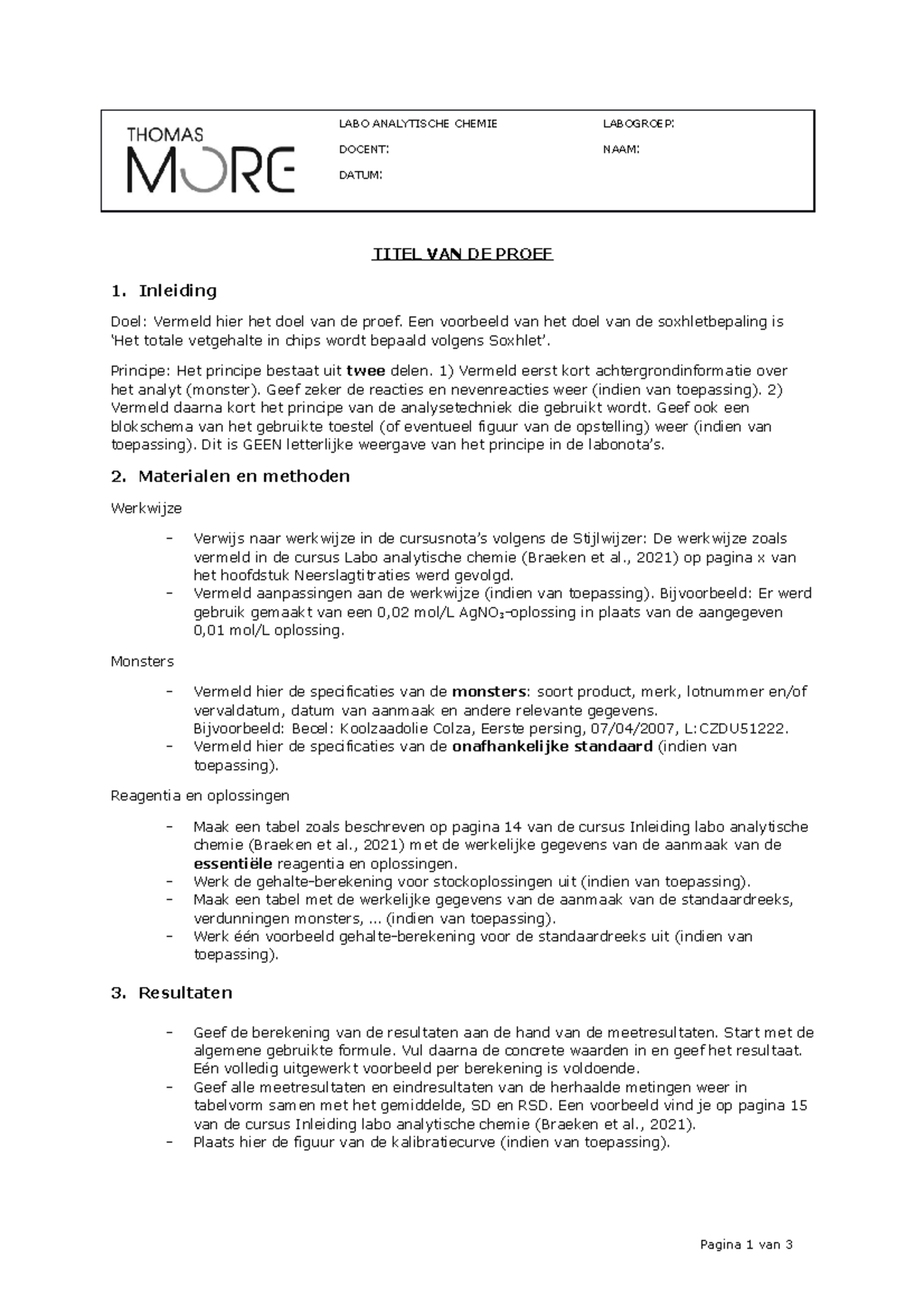 Sjabloon verslag labo analytische chemie 2021 2022 - LABO ANALYTISCHE CHEMIE DOCENT: DATUM ...