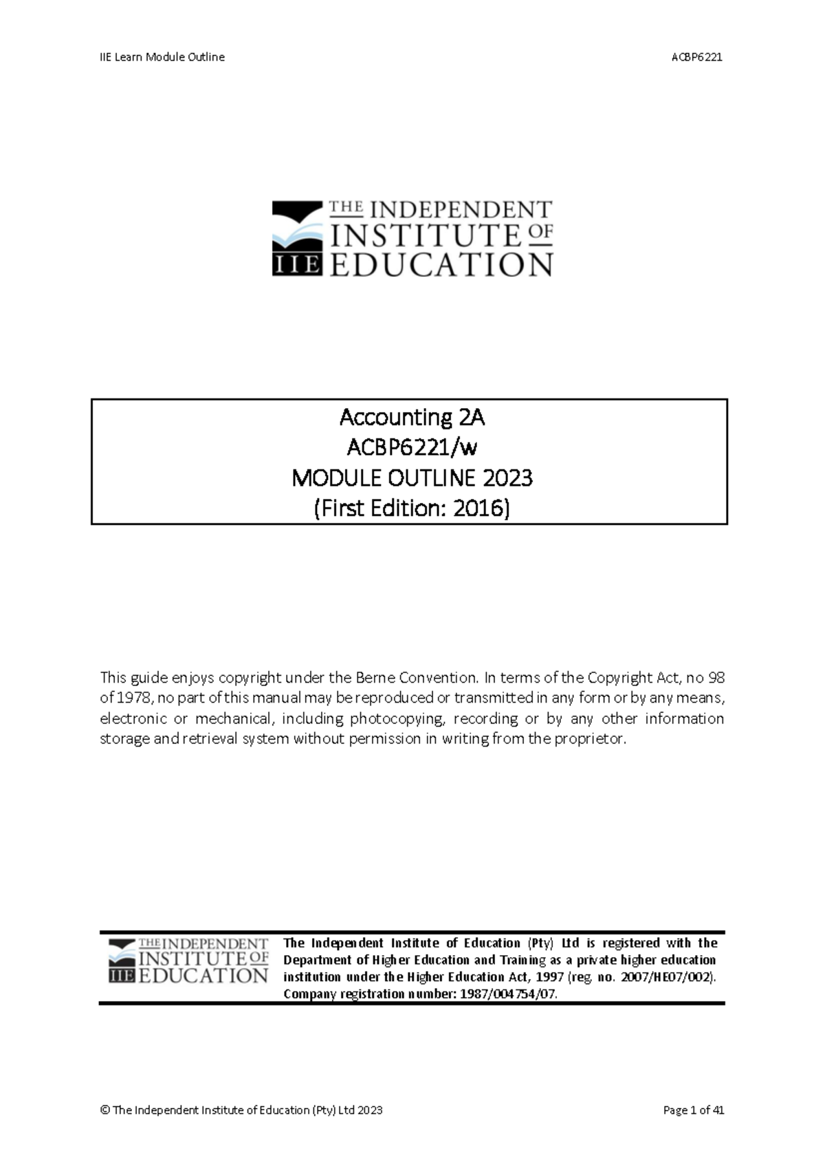 ACBP6221 MO - accounting 1a module outline - Accounting 2A ACBP62 21 /w ...