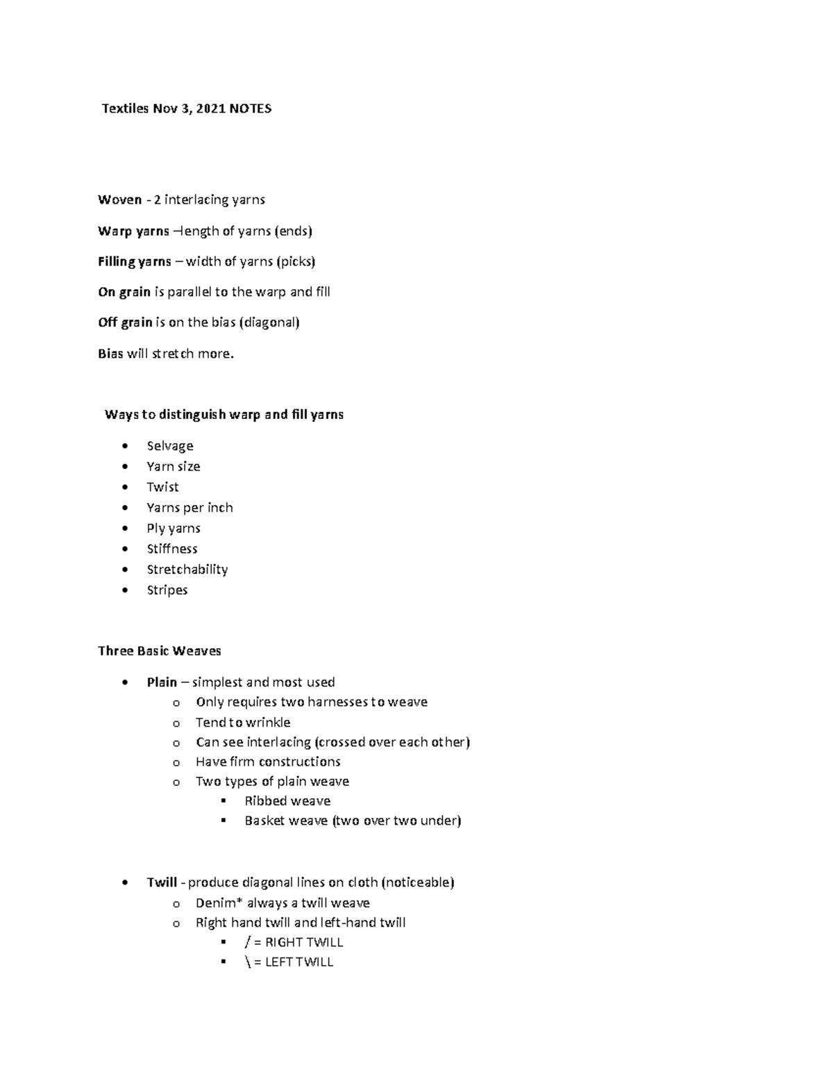 Textiles Nov 3, 2021 Notes - Textiles Nov 3, 2021 NOTES Woven - 2 ...
